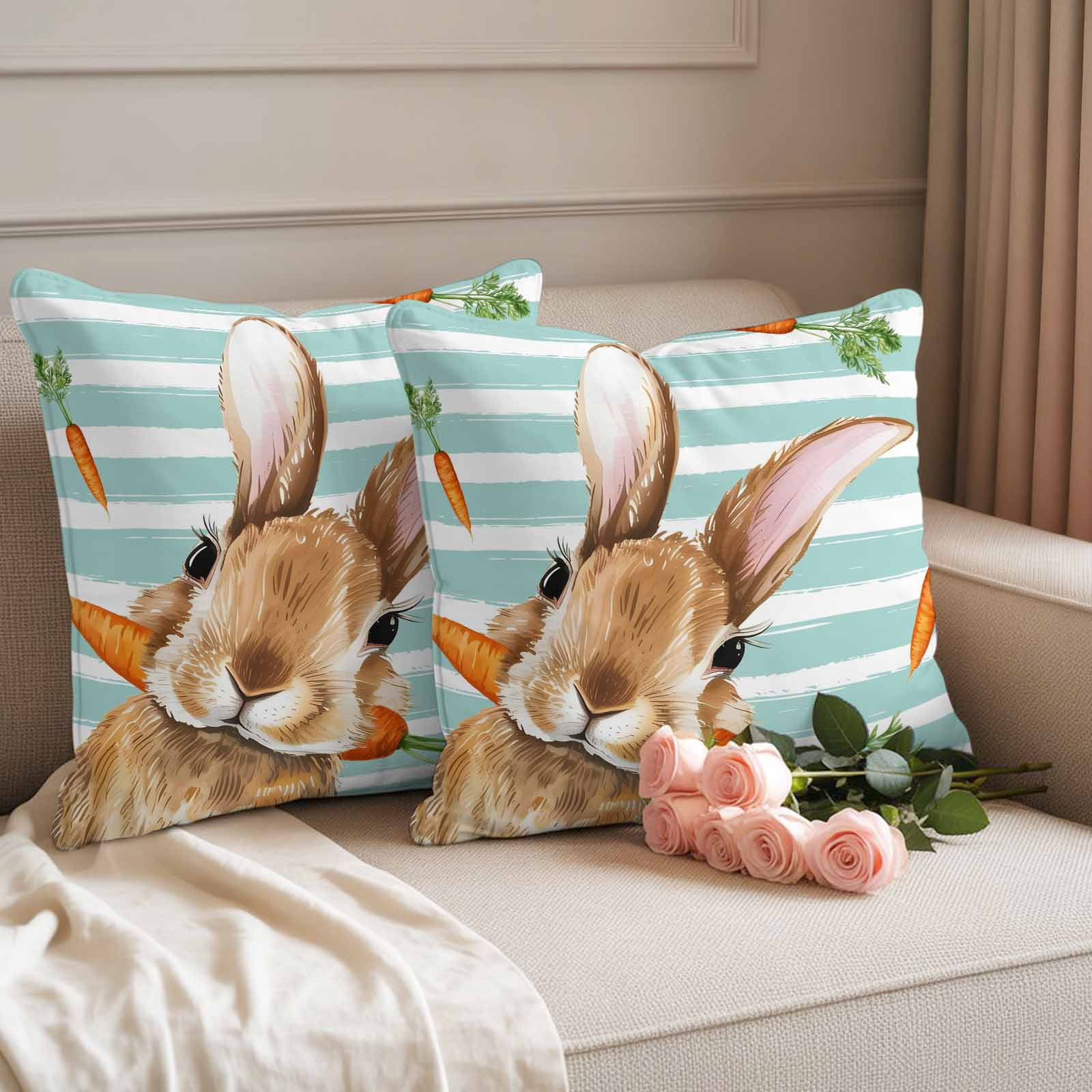 Waterproof Pillow Covers Pack of 2, Easter Rabbit Carrots Stripe ...