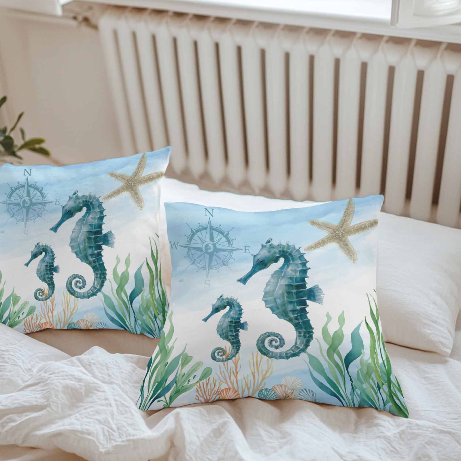 Waterproof Pillow Covers Pack of 2, Ocean Marine Life Seahorse Nautical ...