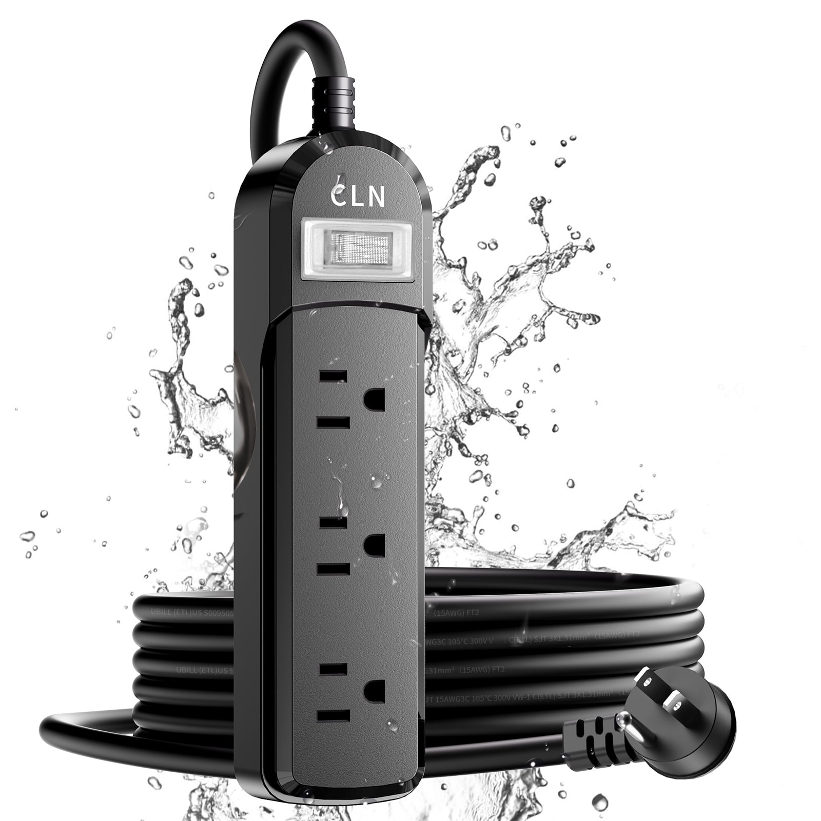 CLN Waterproof Power Strip, IPX6, 3 Hubs, Swivel Cord, Wall Mountable ...