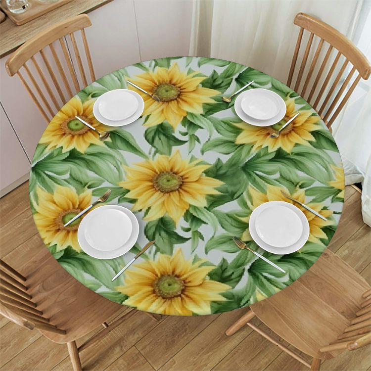 Waterproof Round Fitted Table Cover, Elastic Edged Tablecloth, Wipeable ...