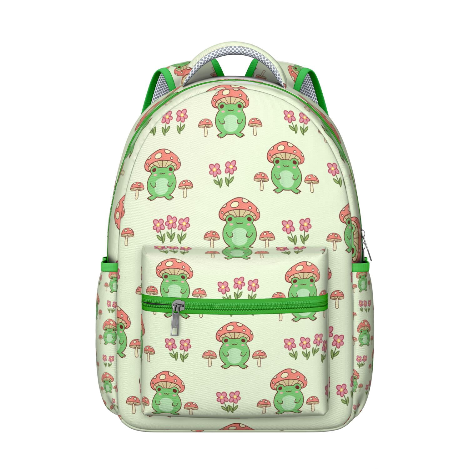 Waterproof School Backpack with Cute Green Frog & Mushroom Print ...