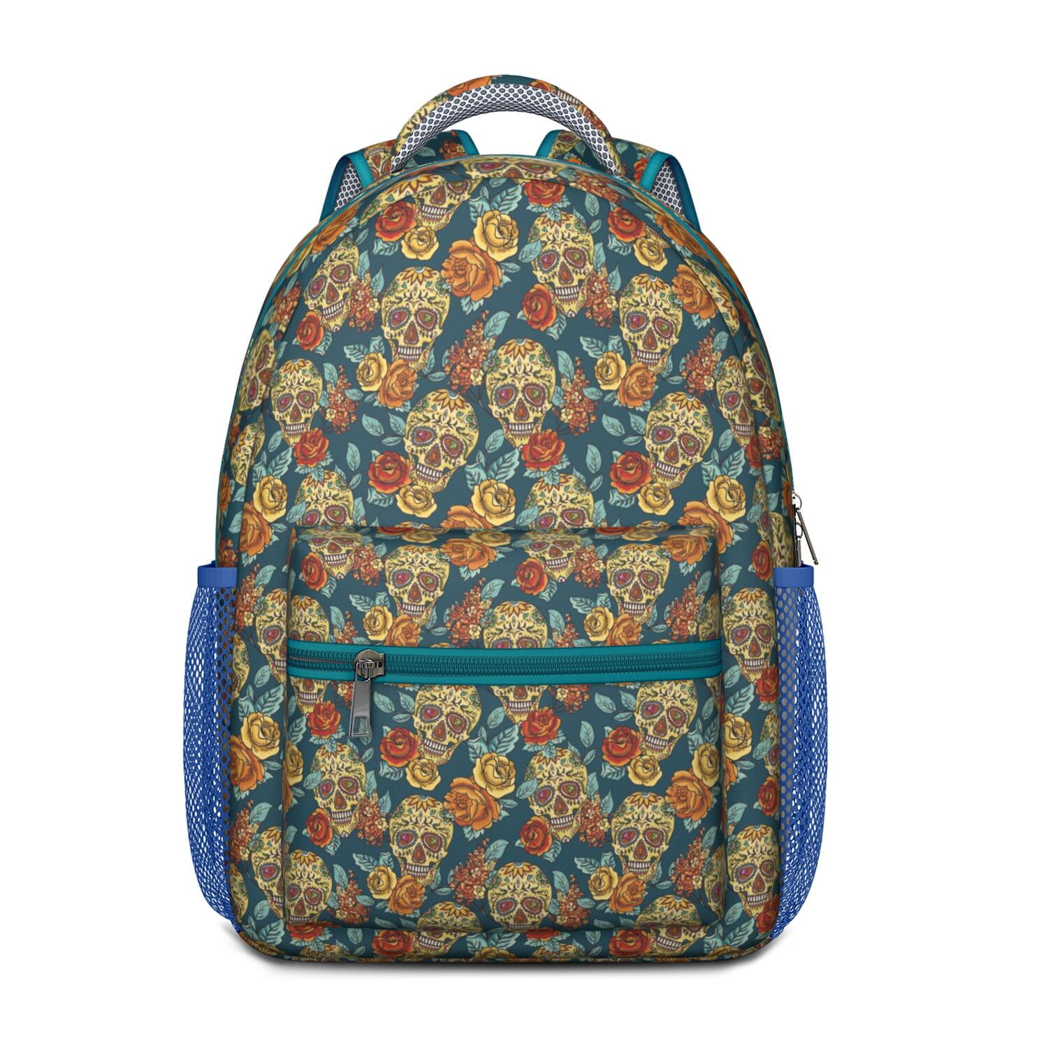Waterproof School Backpack with Gothic Skull & Floral Print - Ergonomic ...
