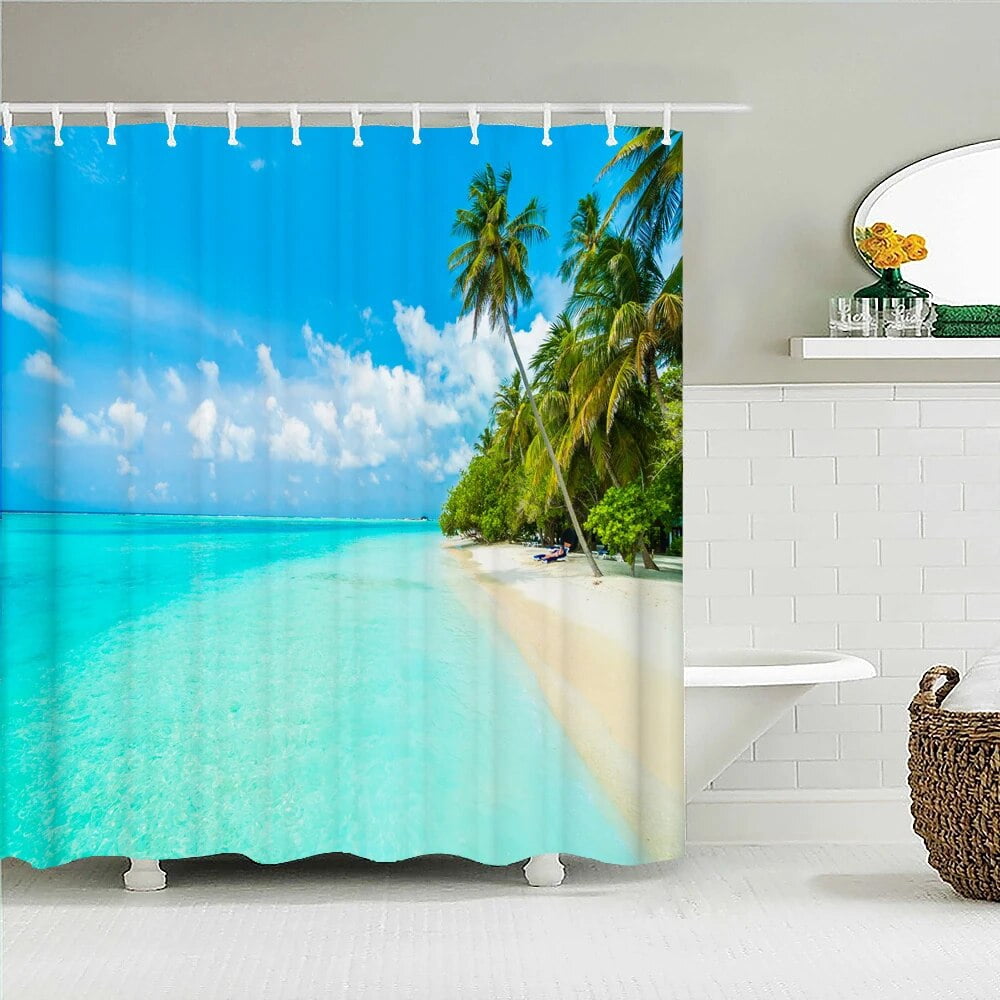 Waterproof Shower Curtain For Bathroom Sunny Sea Beach landscape Print ...