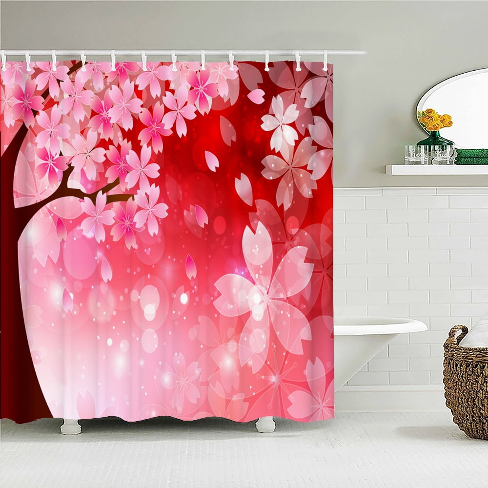 Waterproof Shower Curtain For Bathroom Cherry Blossom Pink Flowers