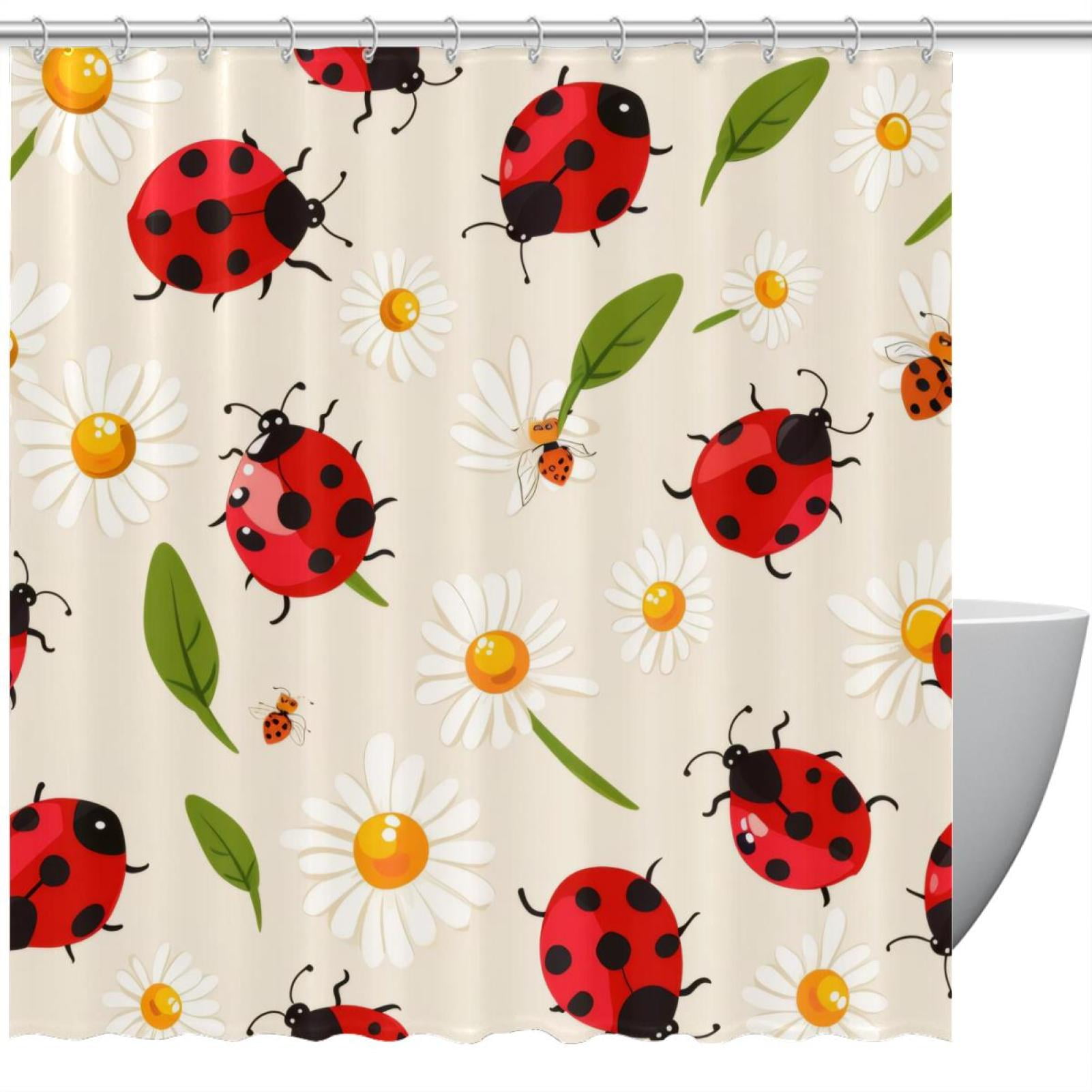 Waterproof Shower Curtains with Hooks, Ladybug Daisy, Washable Durable ...