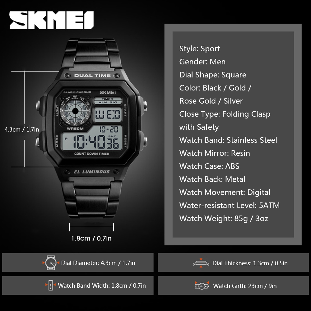 Waterproof Sport Stainless Steel Men Watch 5ATM Water-resistant Digital ...