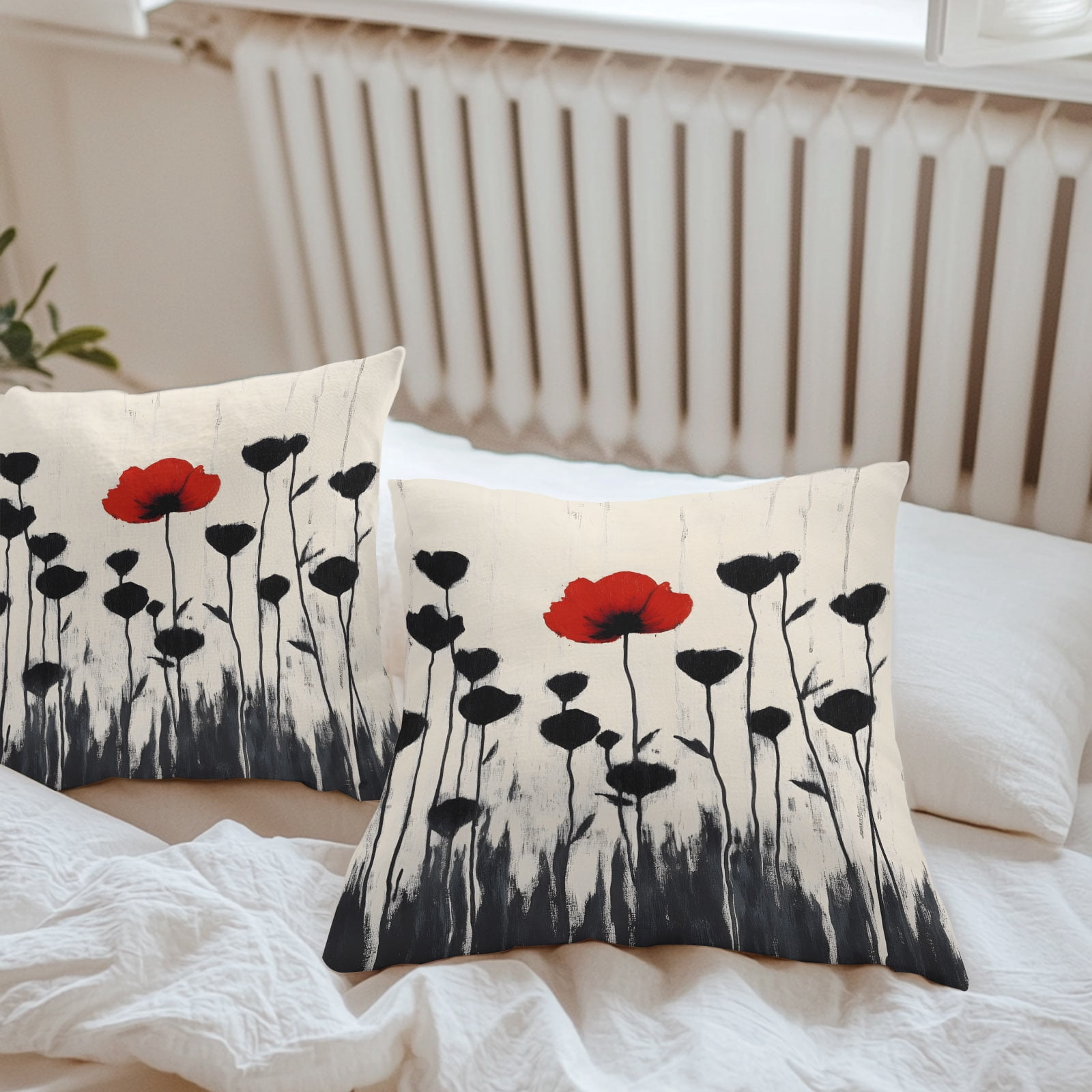 Waterproof Throw Pillow Covers 16x16 Set of 2, Poppy Flower Black Shade ...