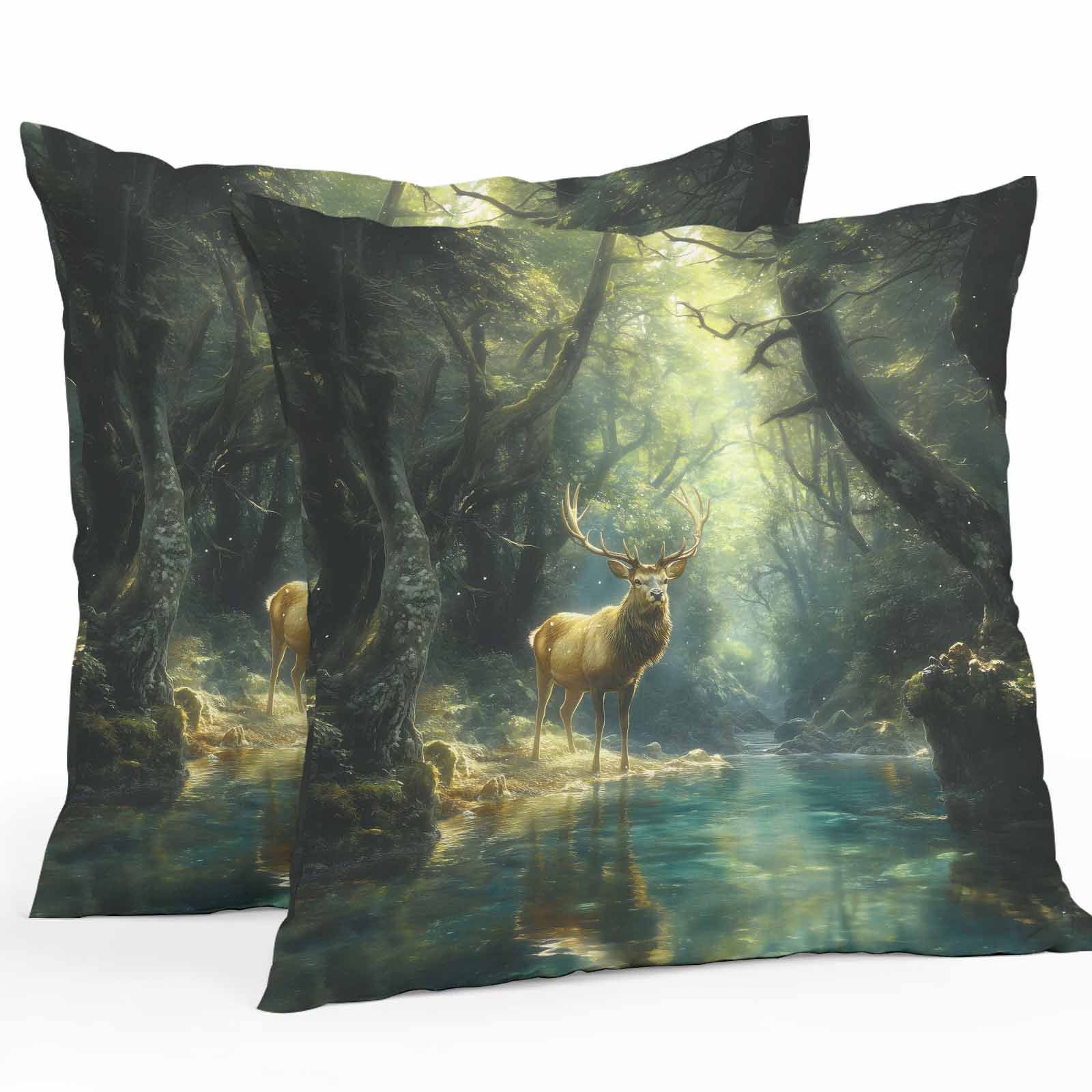 Waterproof Throw Pillow Covers Set of 2, 24x24 Inch Green Forest Deer ...