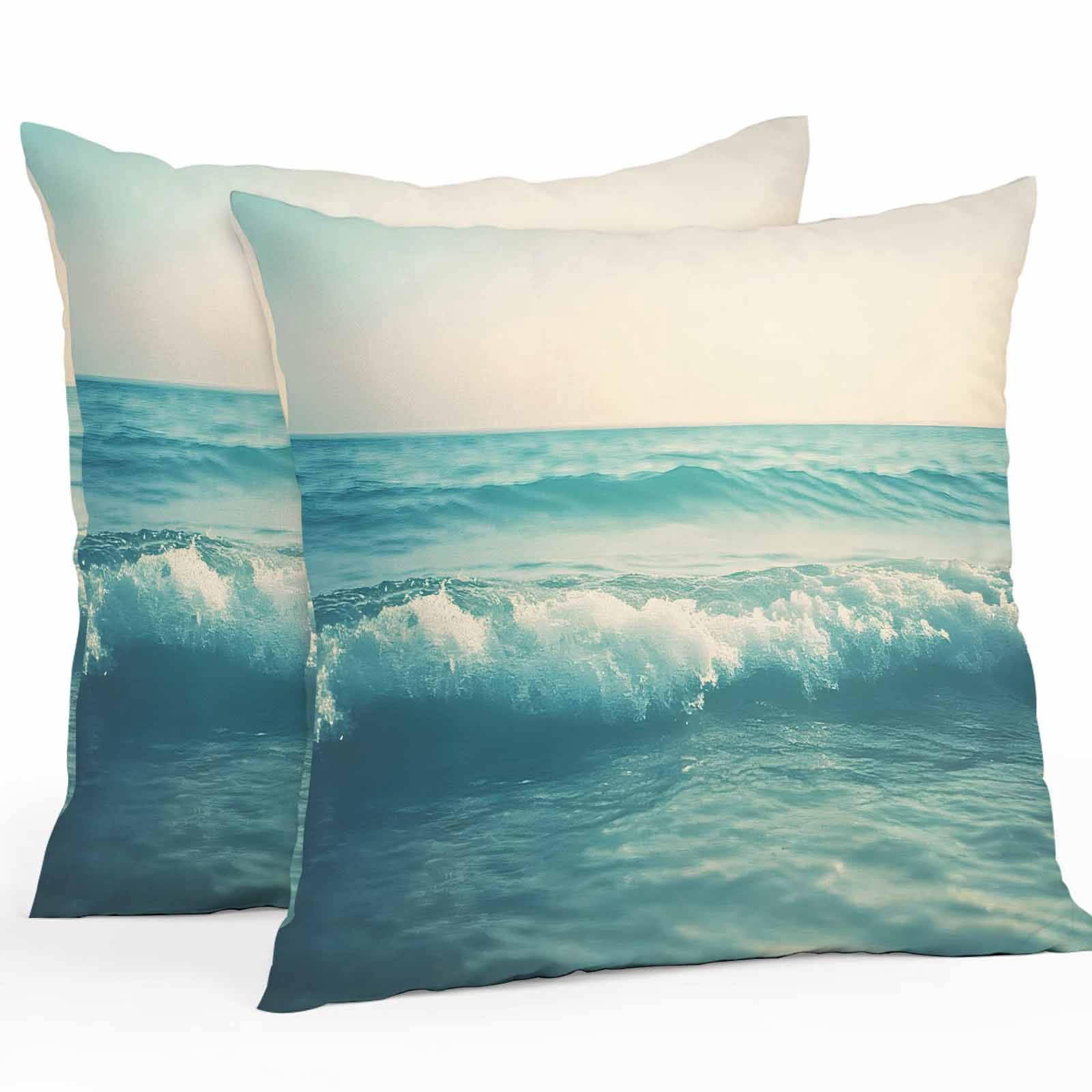 Waterproof Throw Pillow Covers Set of 2, 24x24 Inch Teal Ocean Waves ...