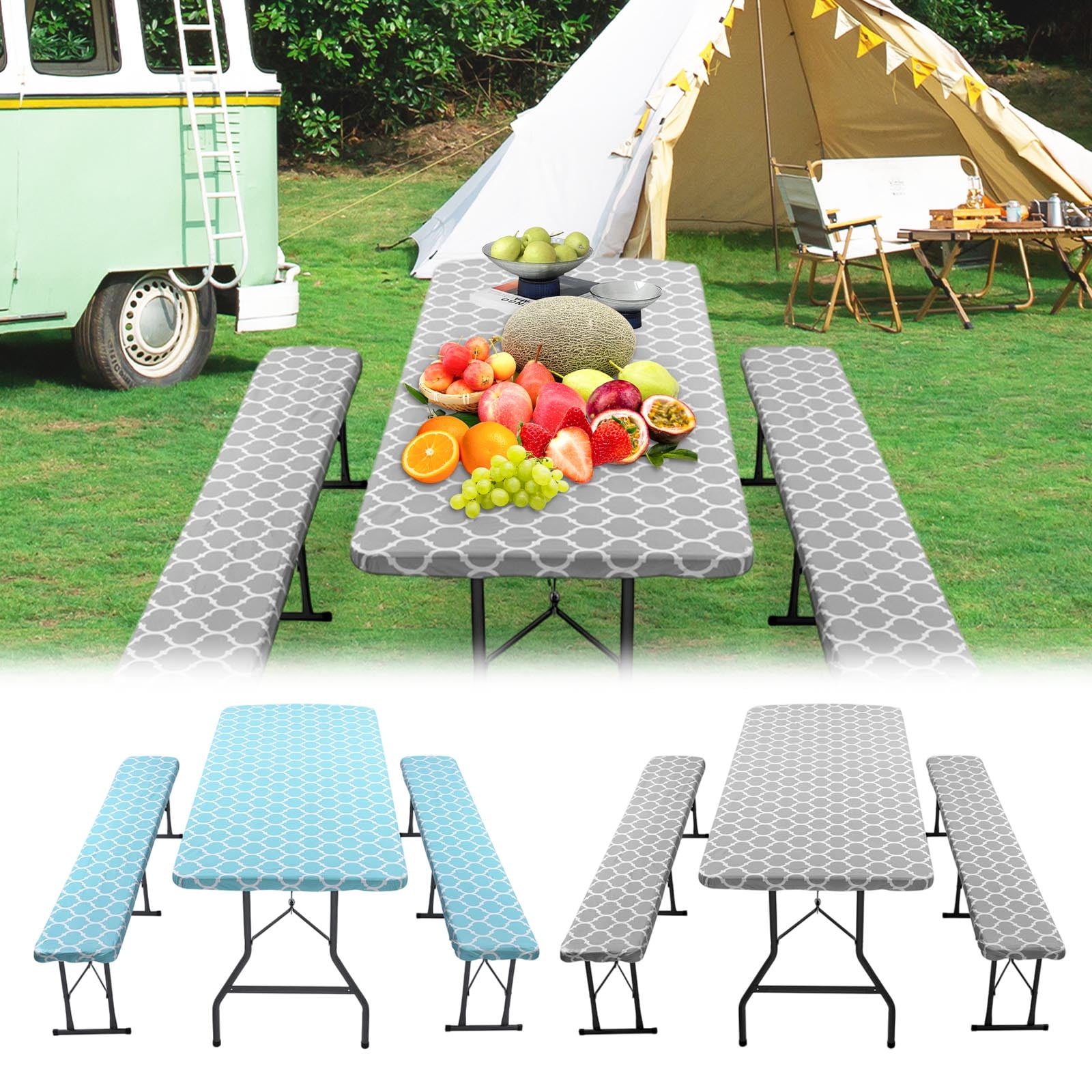 Waterproof Vinyl Picnic Table Cover Set | Elastic Flannel Backing ...