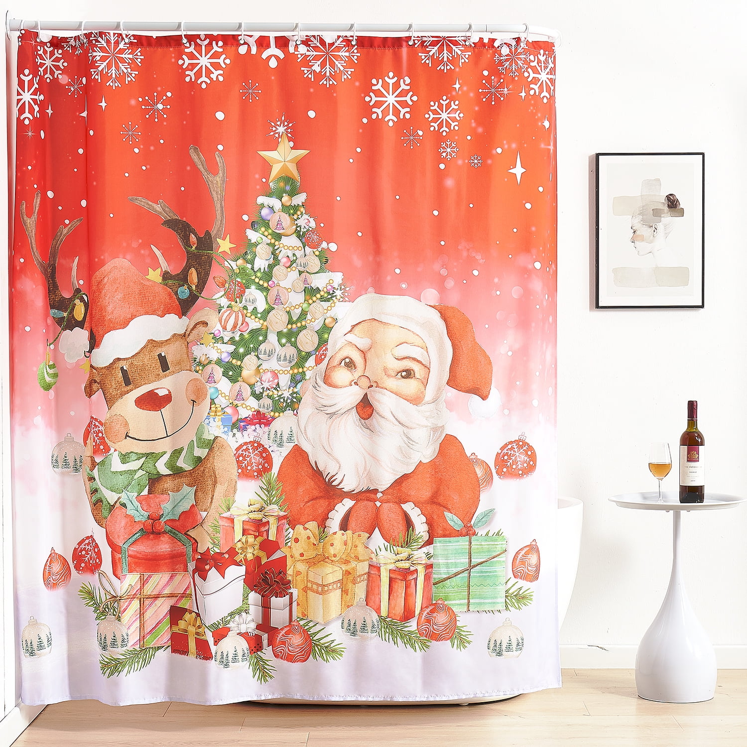 Zotim Waterproof Fabric Xmas Holiday Shower Curtain, Santa Deer ...