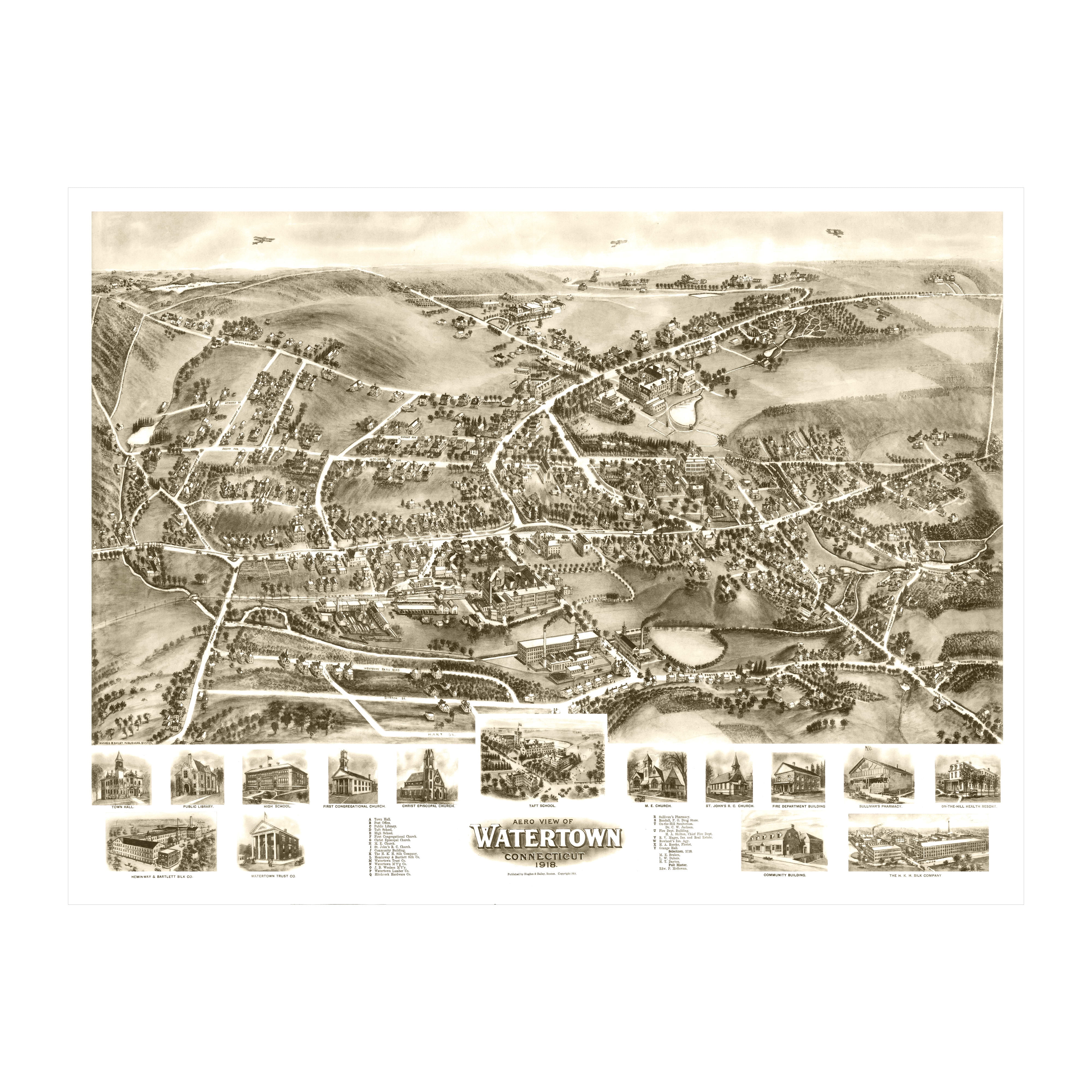 Watertown Art, 1918 Vintage Map of Watertown Connecticut, CT History ...