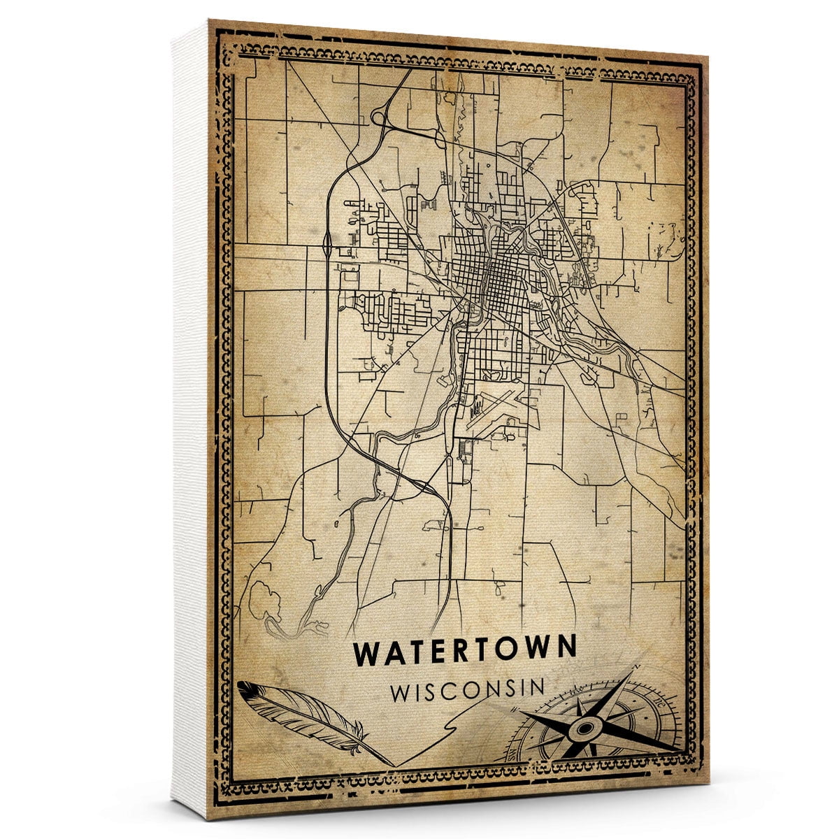 Watertown Vintage Map Prints Canvas, Wisconsin Map Art Canvas, Canvas ...