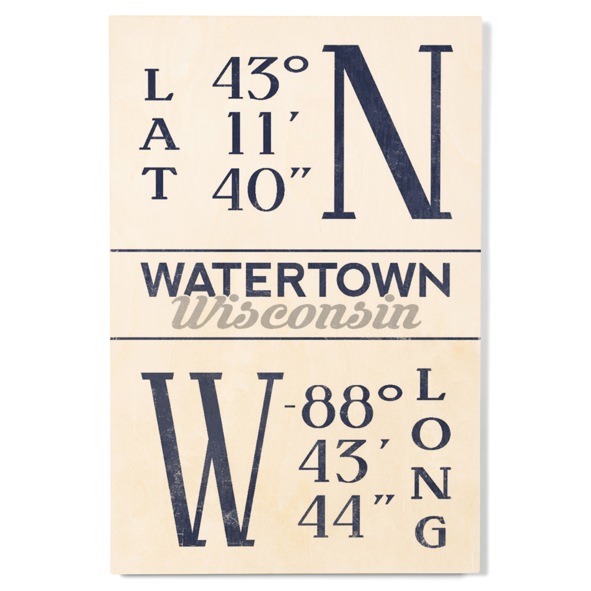 Watertown, Wisconsin, Latitude and Longitude (Blue) Birch Wood Wall ...