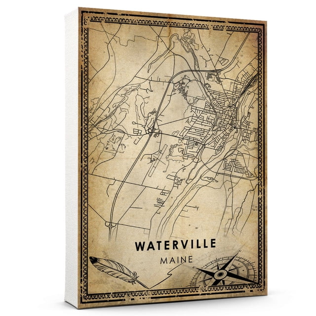 Waterville Vintage Map Prints Canvas, Maine Map Art Canvas, Canvas ...