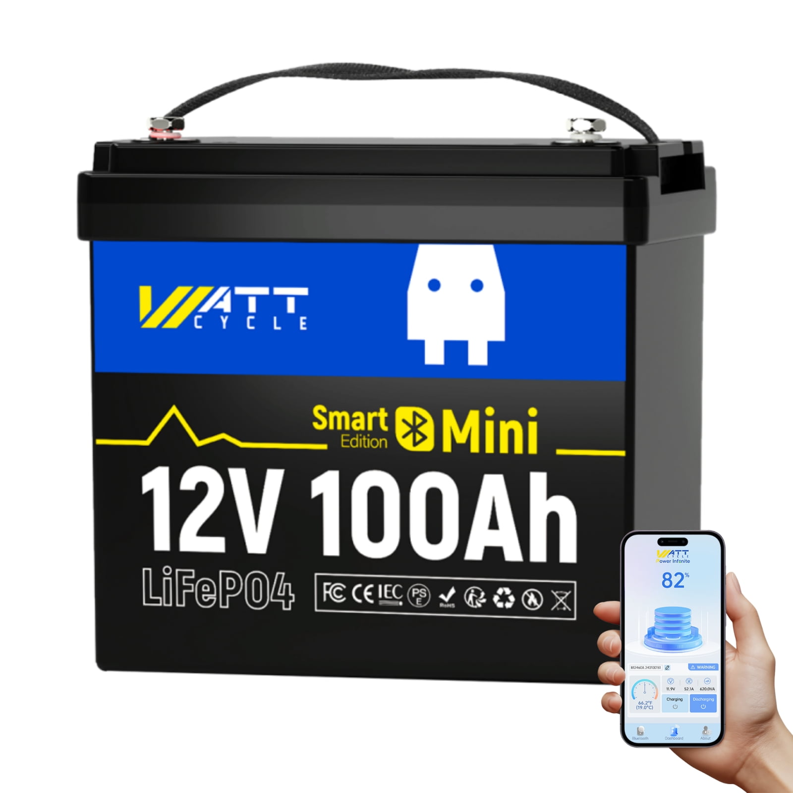 WattCycle 12V 100Ah LiFePO4 Lithium Battery Mini Bluetooth, 100A BMS ...