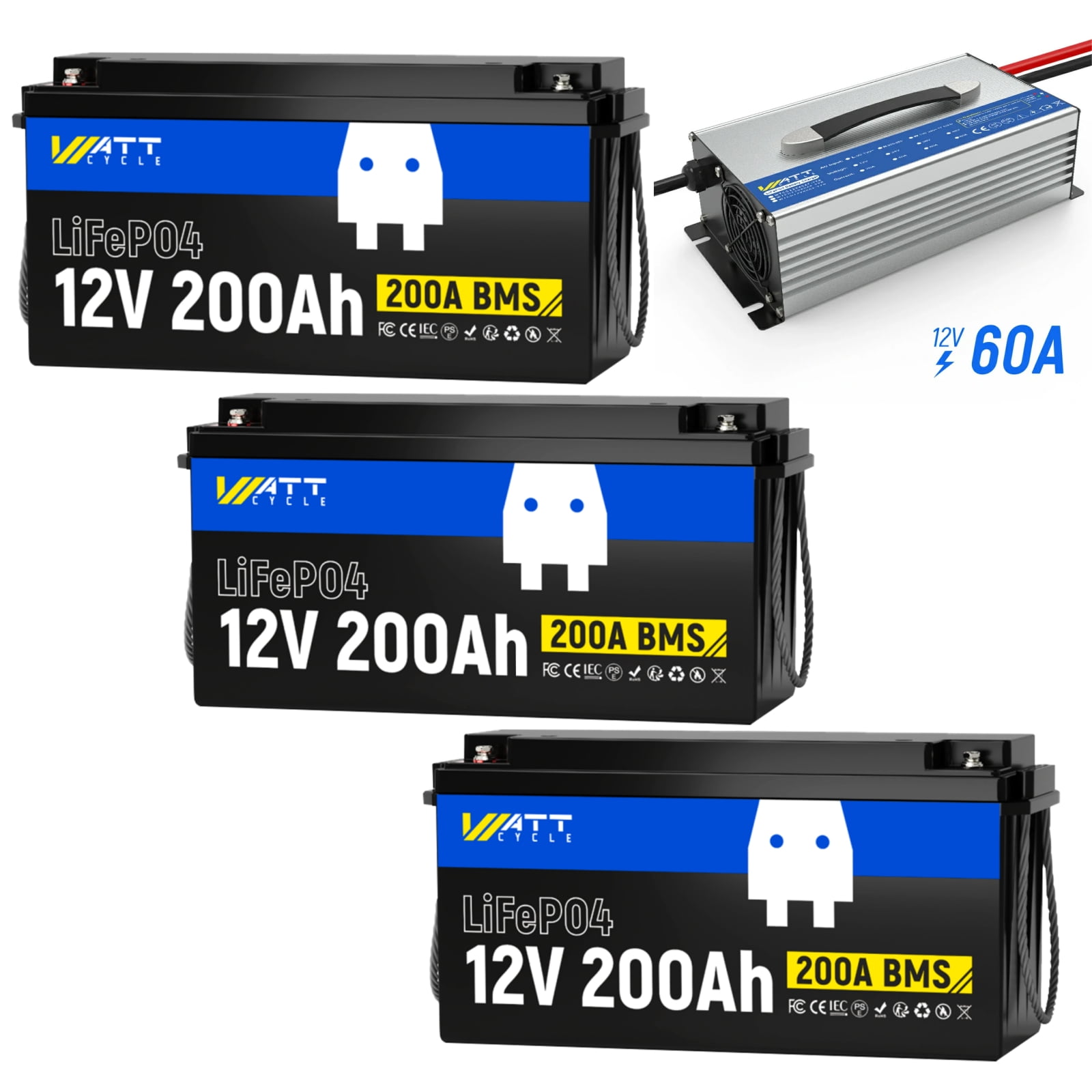 WattCycle 3 Pack 12V 200Ah RV Travel LiFePO4 Battery with Charger, 12V ...