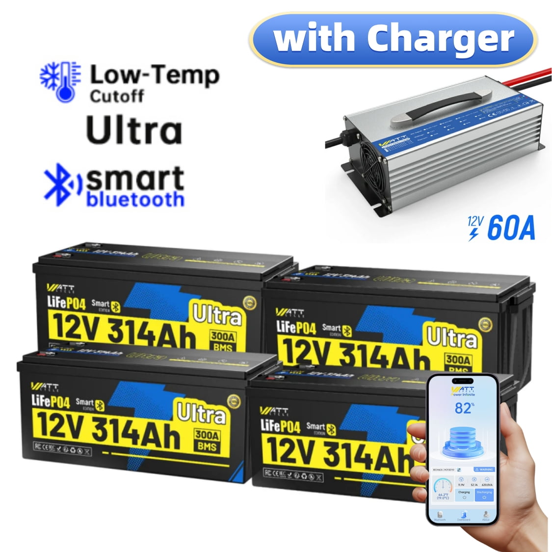 WattCycle 12V 300Ah Bluetooth LiFePO4 RV Battery(314Ah) with LiFePO4 ...