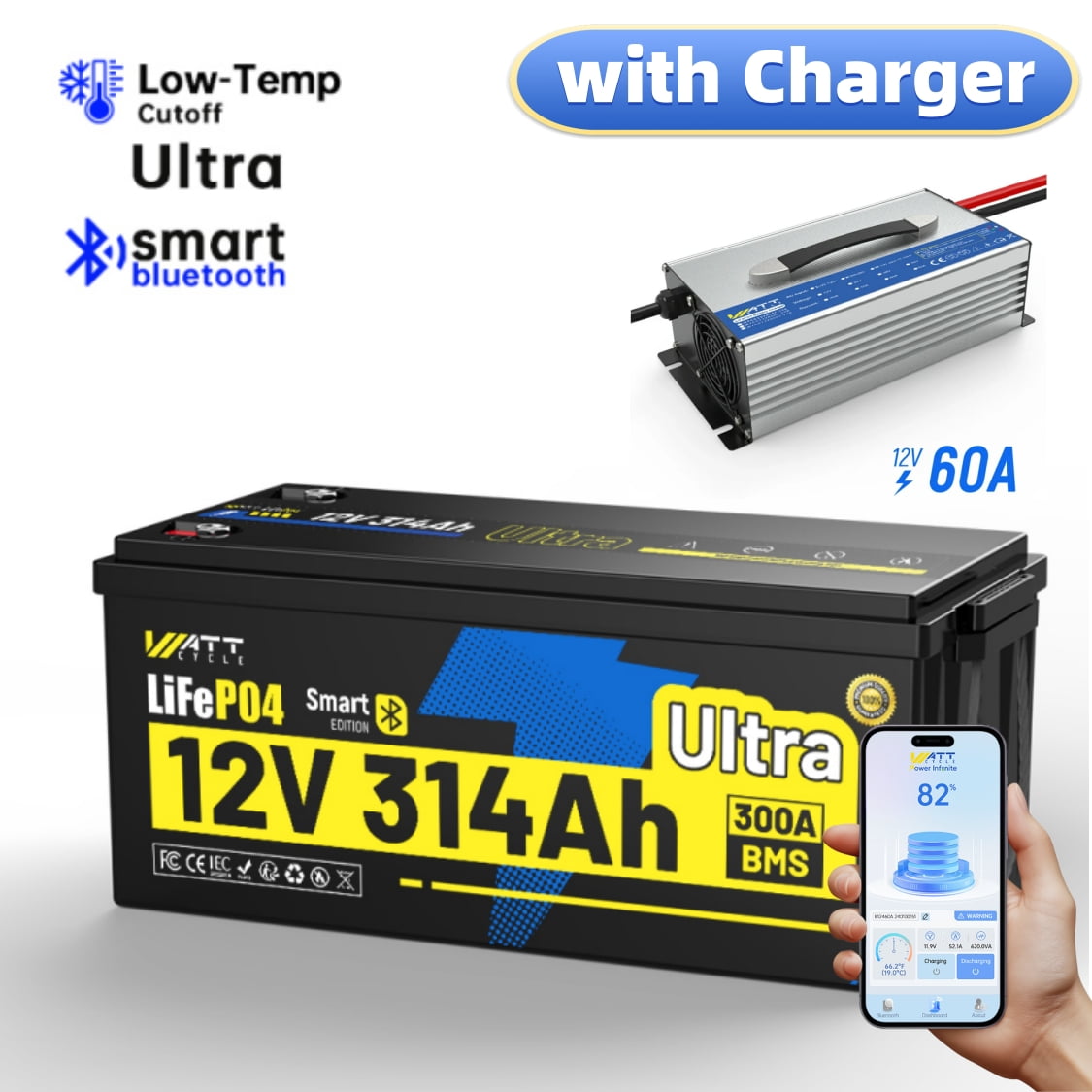 WattCycle 12V 300Ah LiFePO4 Lithium Battery Bluetooth(314Ah) with 12V ...