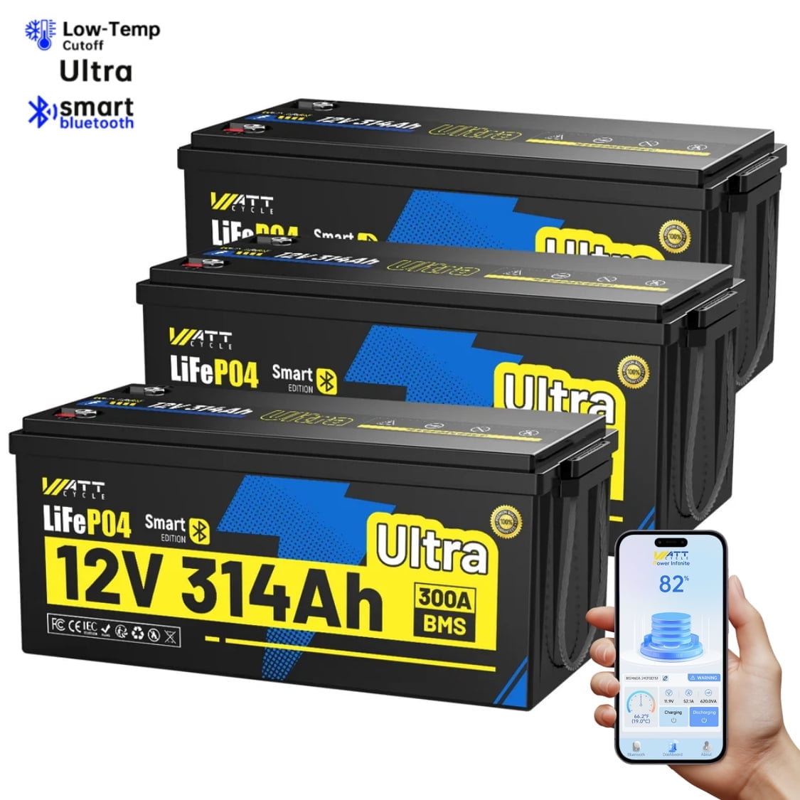 WattCycle 3 Pack 12V 300Ah Bluetooth LiFePO4 Battery(314Ah), 12V ...
