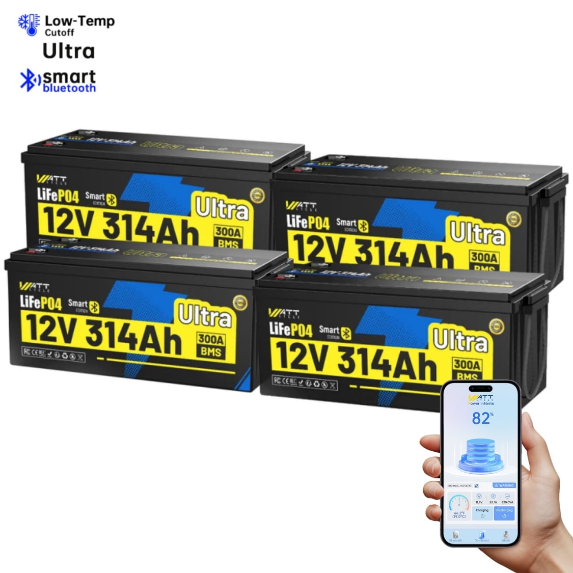 WattCycle 4 Pack 12V 300Ah LiFePO4 Lithium Battery Bluetooth(314Ah) for ...