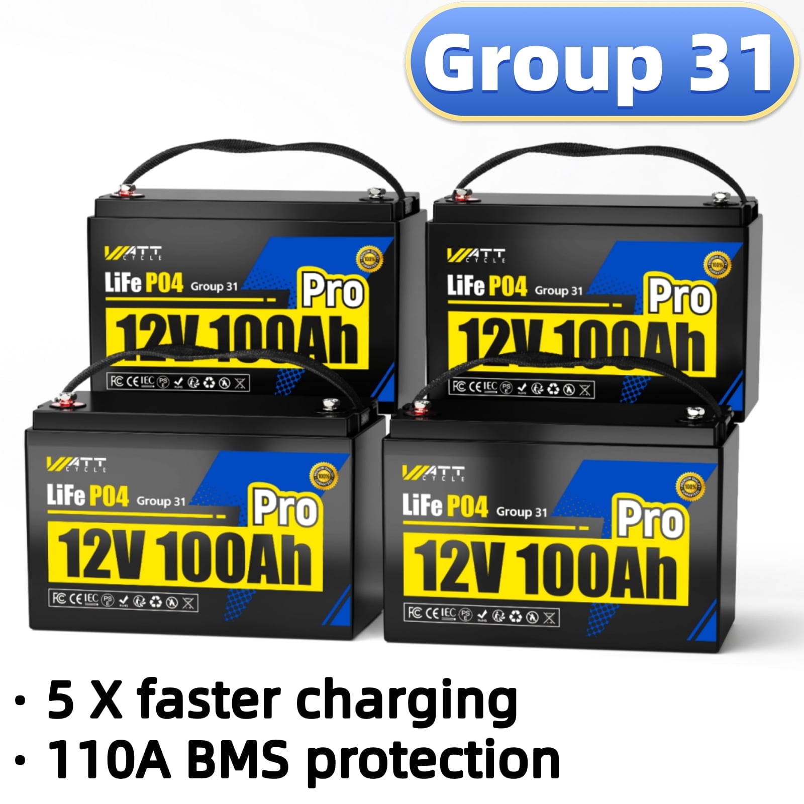 WattCycle 12V 100Ah Group 31 Lithium Battery w/ PRO 110A BMS, Low-Temp ...