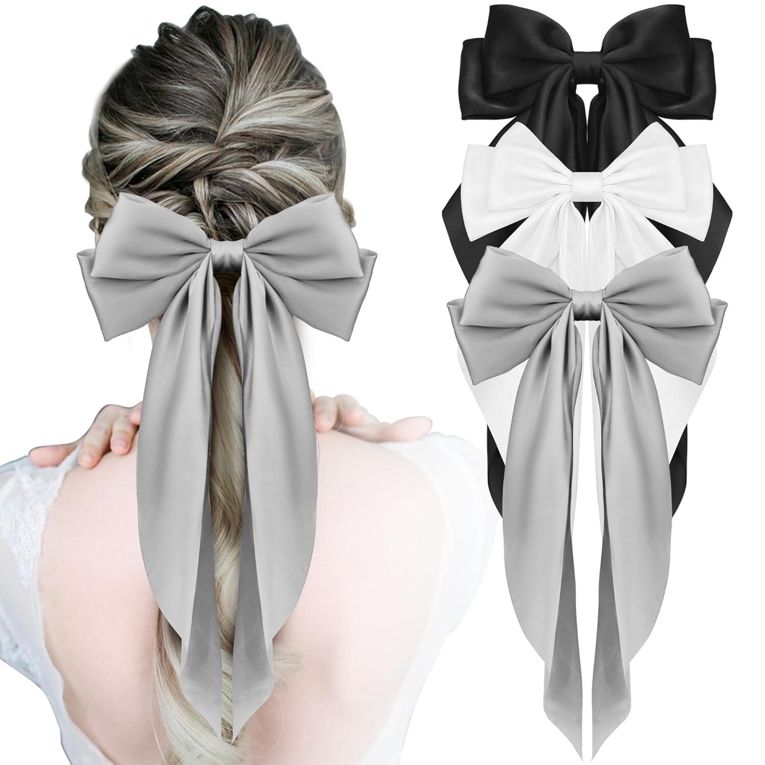 Wattne 3PCS Hair Bows for Women Big Bows for Hair Black Satin Bow Hair ...