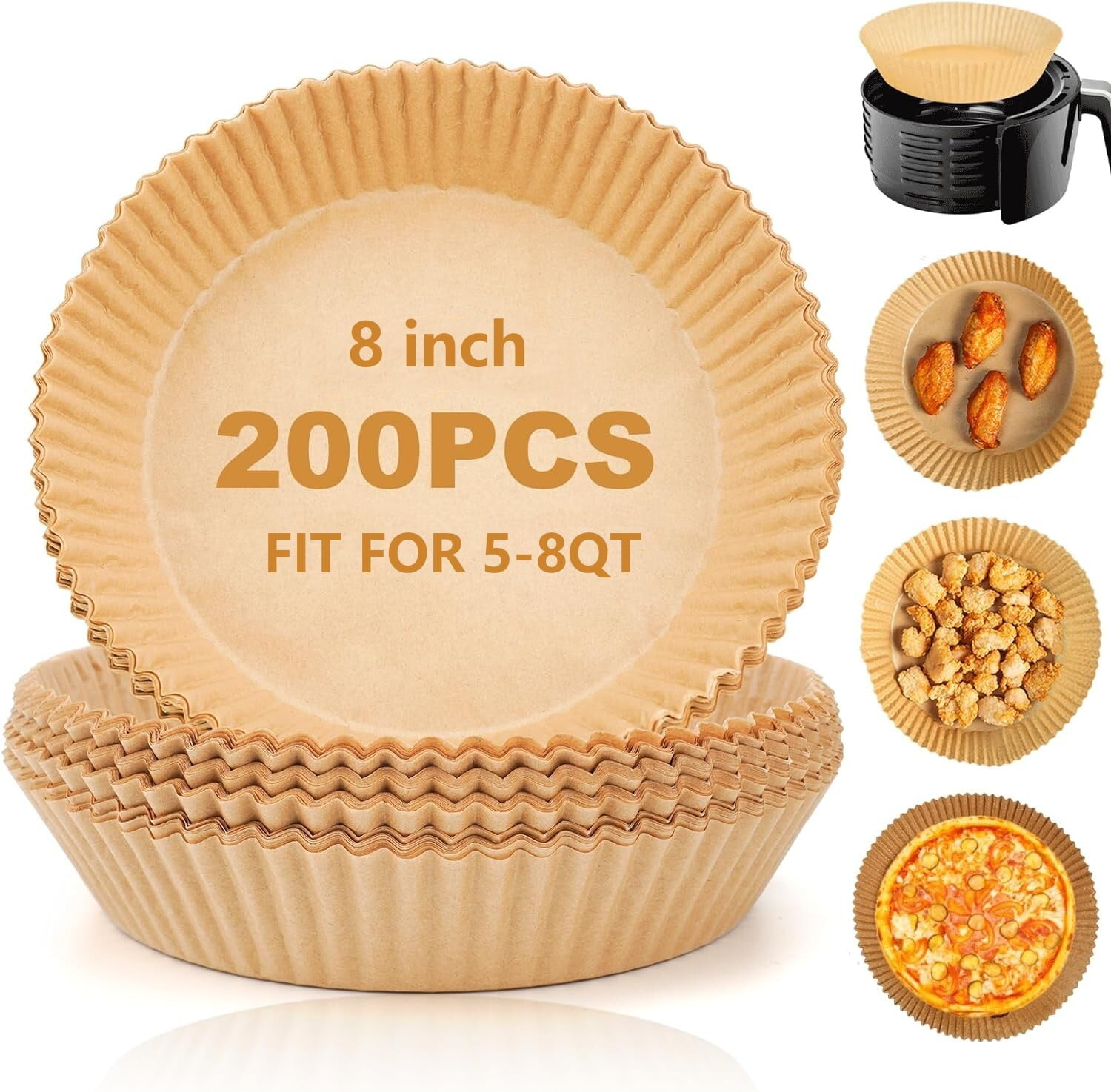 Wattne Air Fryer Paper Liners Disposable 8 Inch Round 200PCS Waterproof ...