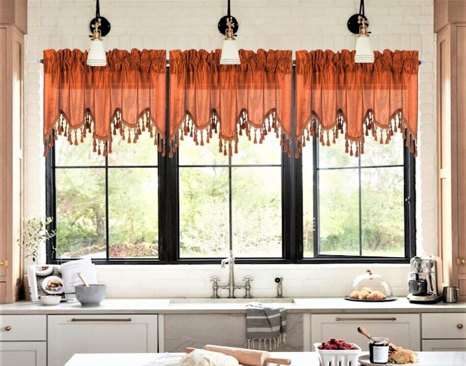 Wave Brick color waterfall valance with tassels faux silk rod pocket ...