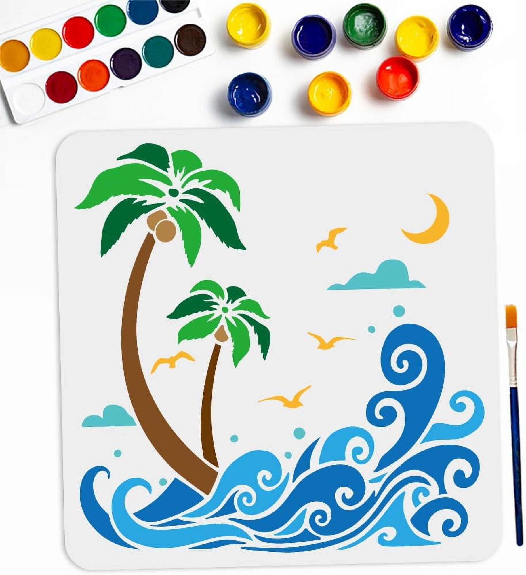 Wave Coconut Tree Stencil 11.8×11.8inch Large Summer Sea Beach Stencils ...