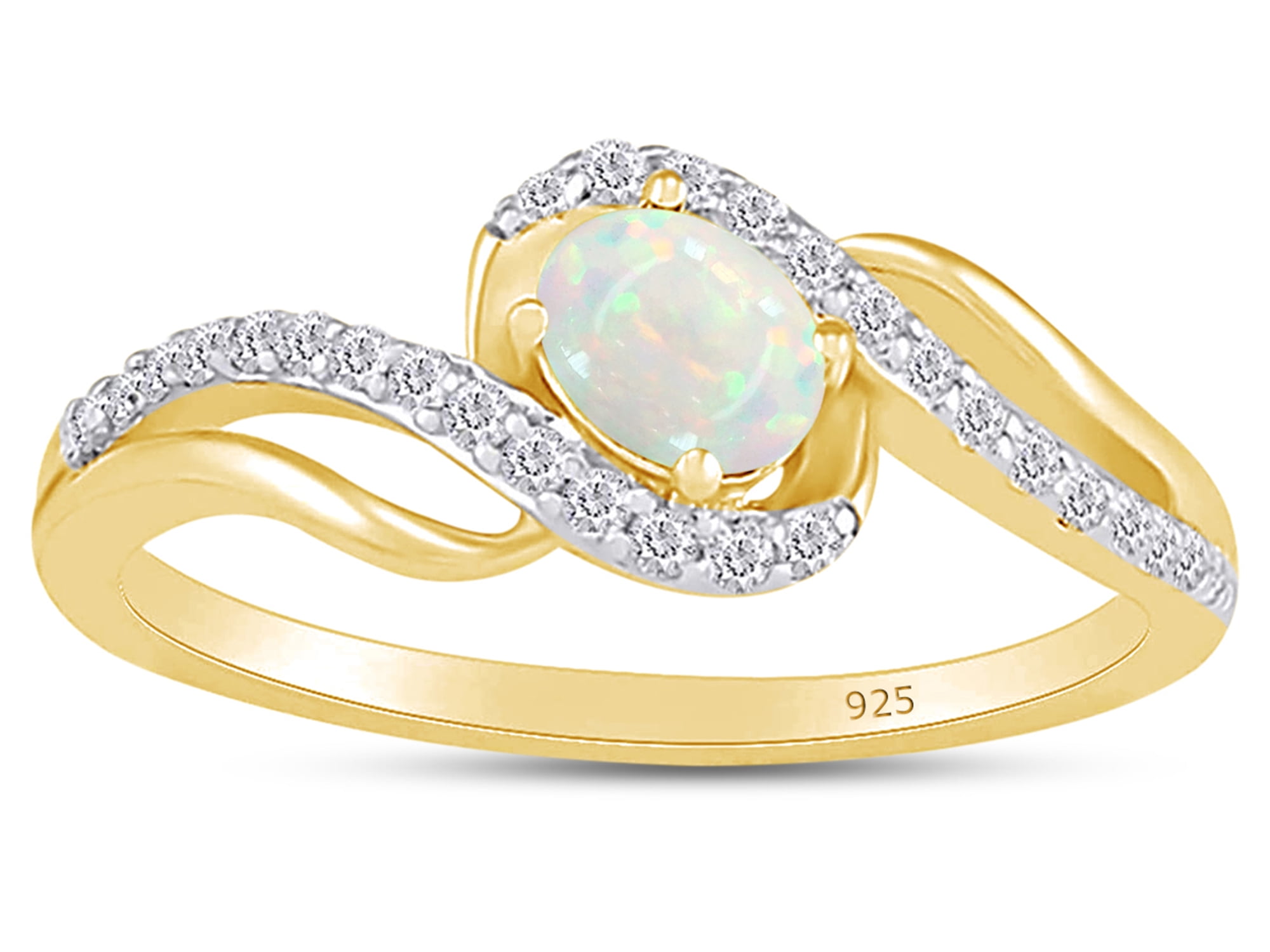 AFFY Wave Design, Oval Cut Lab Created Opal And Simulated White Sapphire Bypass Frame Promise ...