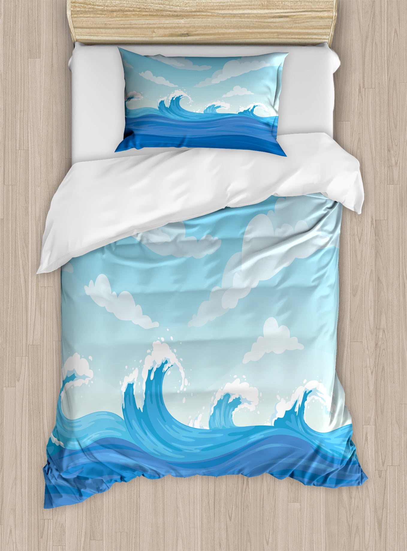 Wave Duvet Cover Set, Hokusai Inspired Blue Ocean in Calm Tones ...
