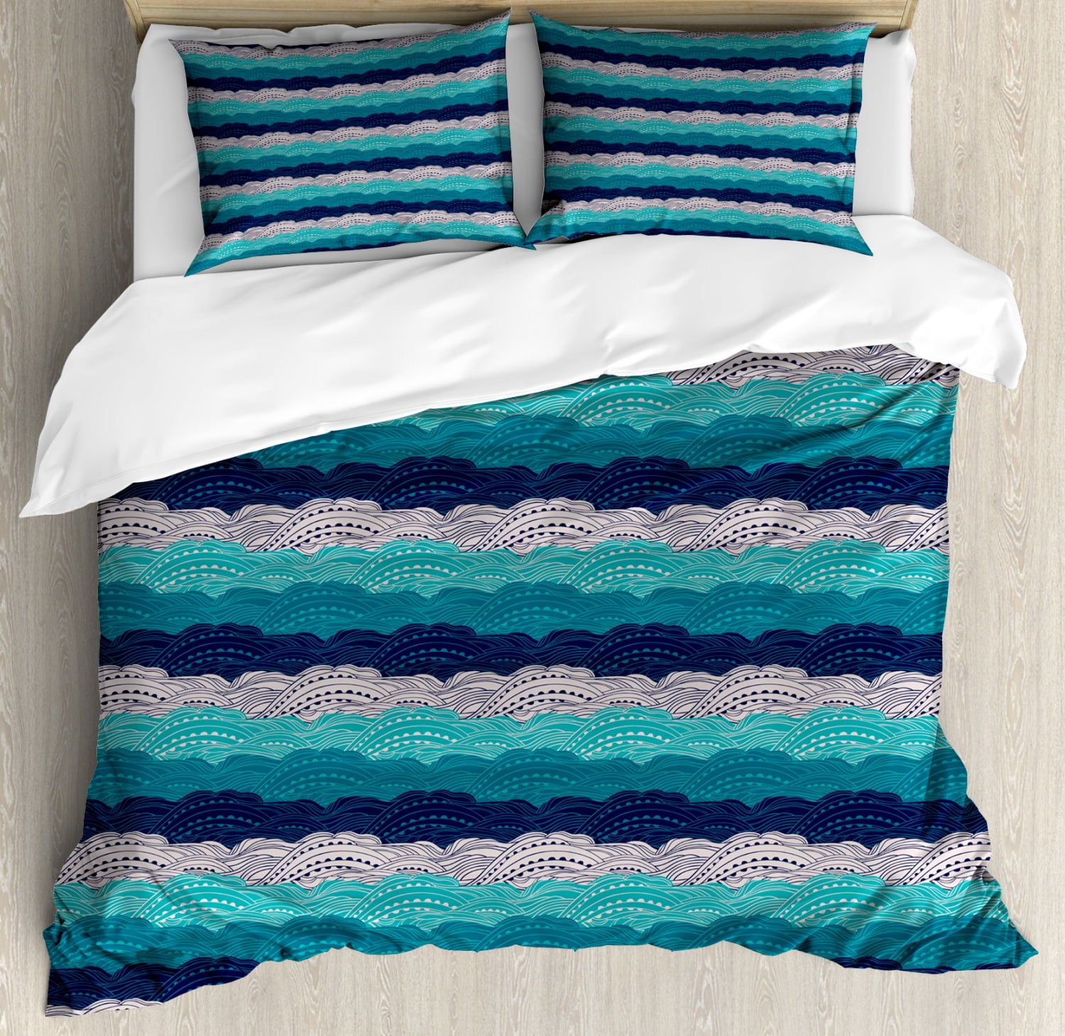 Wave Duvet Cover Set Queen Size, Abstract Ornamental Ocean Waves with ...