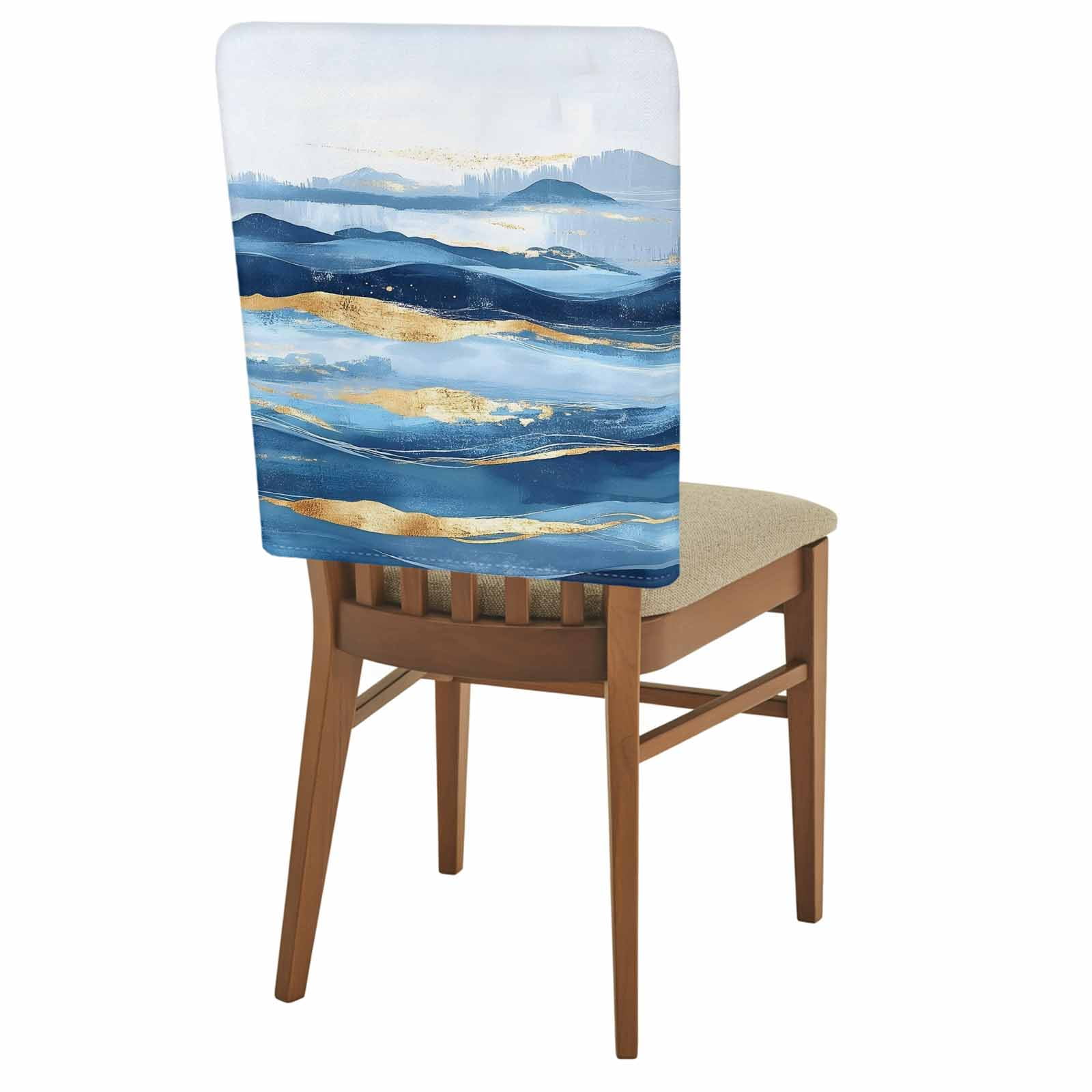 Wave Effect Art Chair Back Covers Set of 6, Blue Waves with Golden Graffiti Art Stretch Dining ...