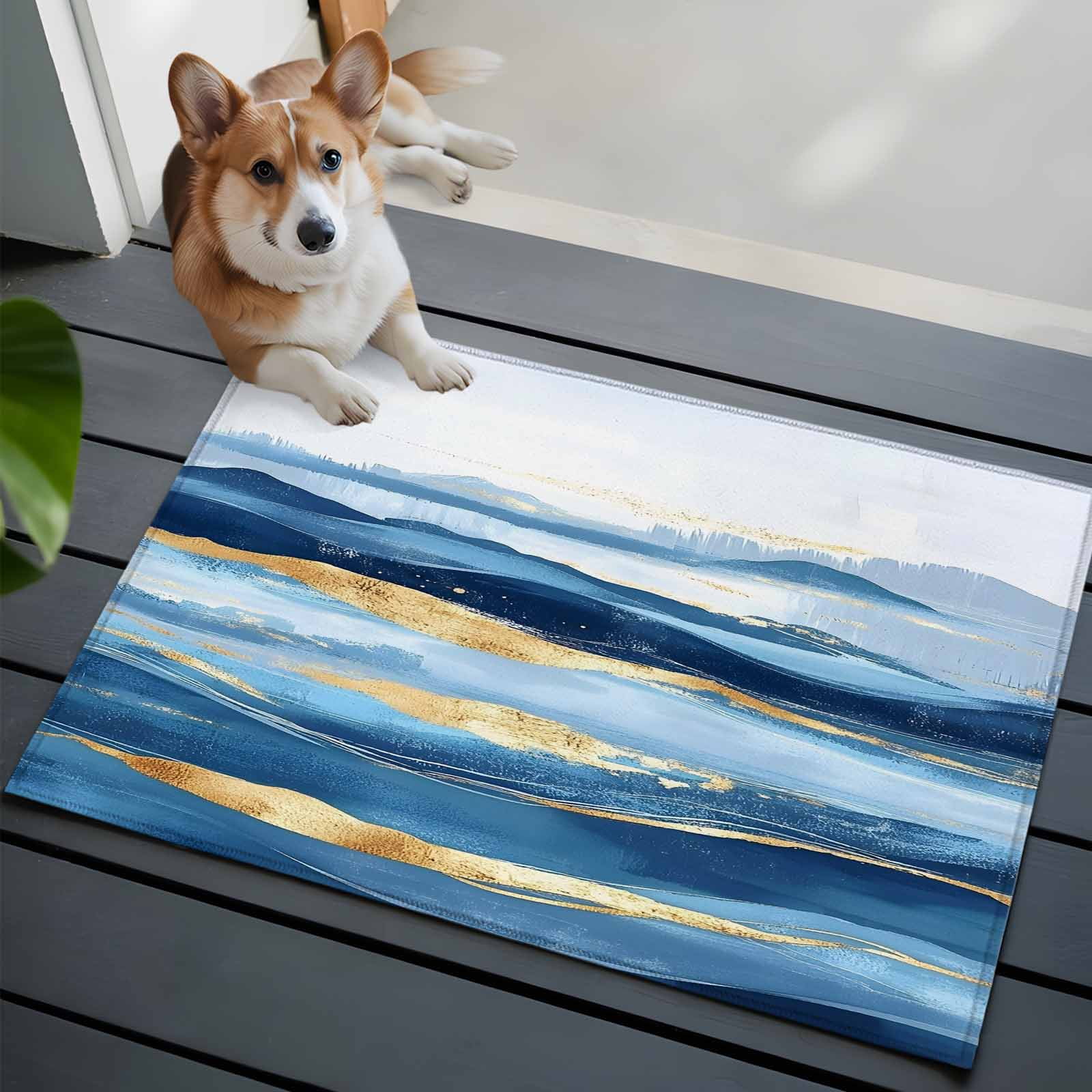 Wave Effect Art Front Door Rugs 2x3 ft Blue Waves with Golden Graffiti ...