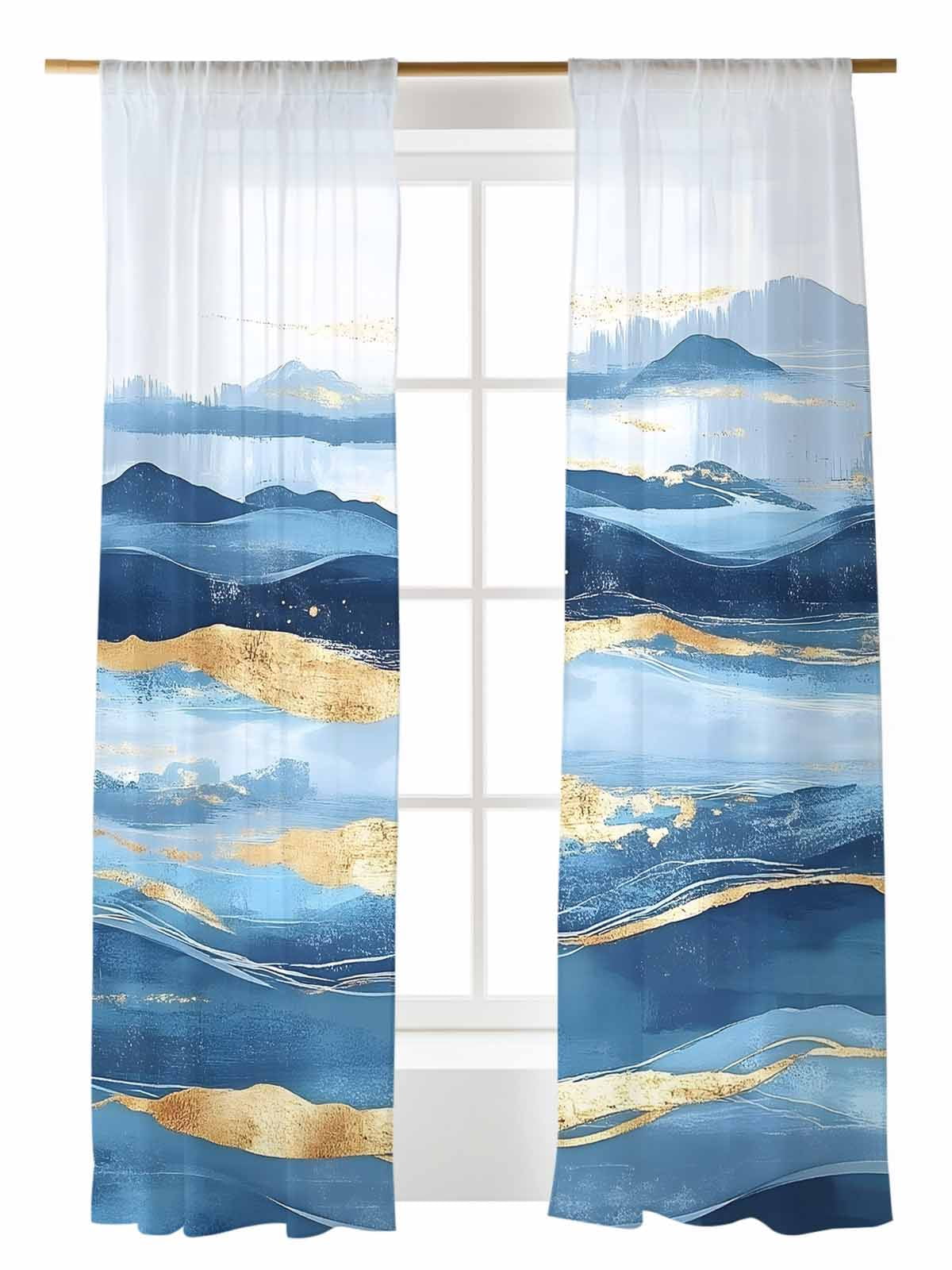Wave Effect Art Sheer Curtains 84 inches Long 2 Panels Set Blue Waves ...