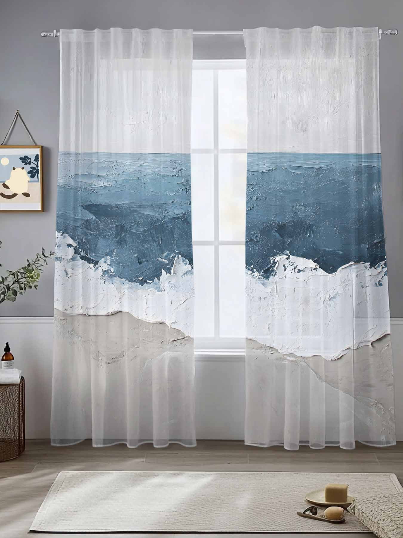 Wave Effect Modern Art Sheer Curtains 84 Inches Long 2 Panels Abstract ...