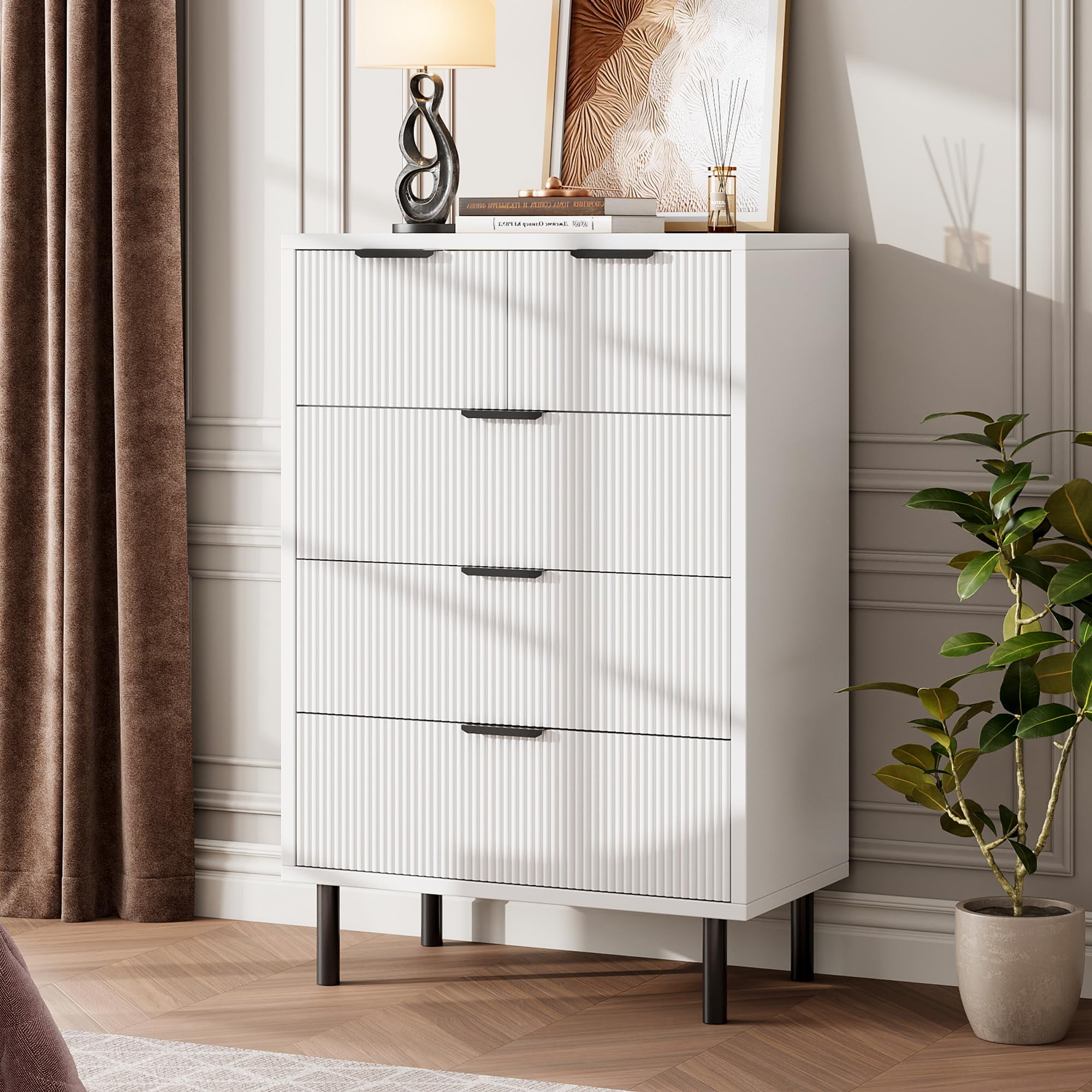 Wave Fluted 5 Drawer Dresser for Bedroom, Modern Wood Chest of Drawers ...