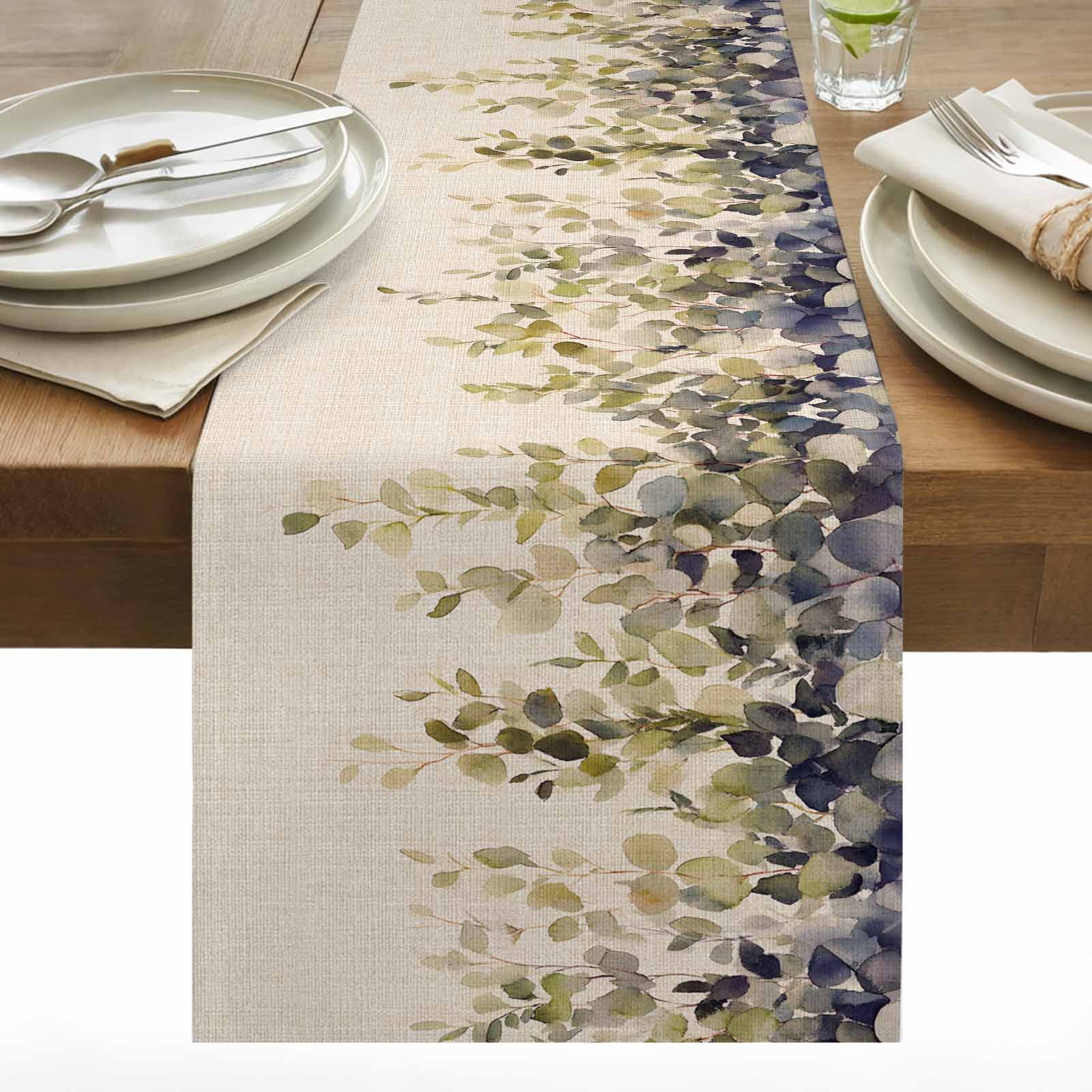 Wave Leaf Cotton Linen Table Runner Gradient Leaf Plant Watercolor ...