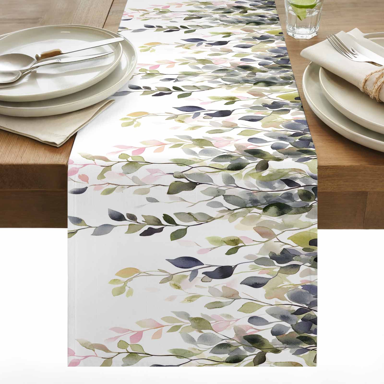Wave Leaf Cotton Linen Table Runner Sage Green Gradient Purple Leaf ...