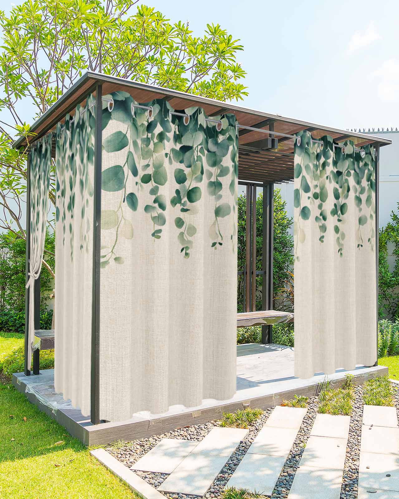 Wave Leaf Outdoor Curtains for Patio, Green Gradient Plant Watercolor ...