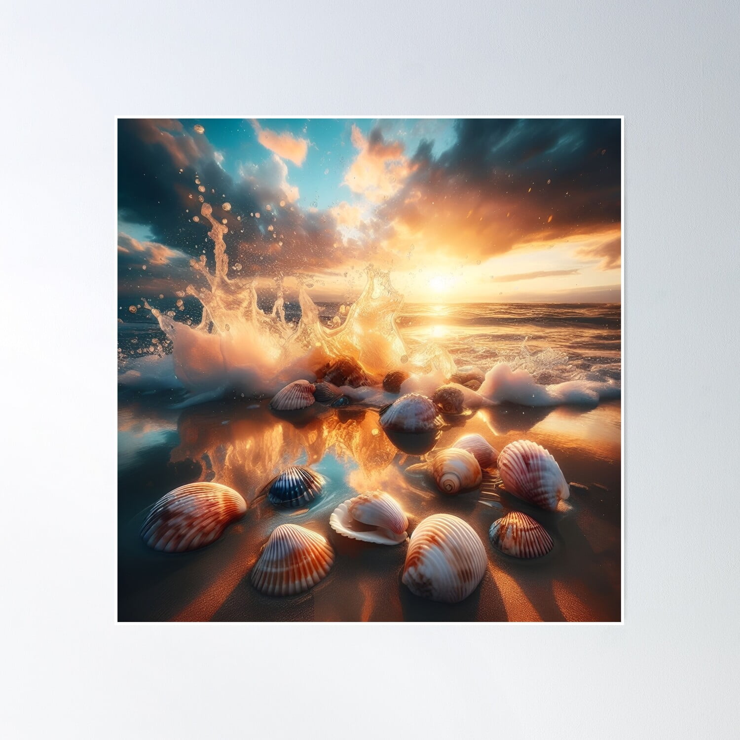 Wave On The Beach Splashing On Sea Snail Shells. Poster Wall Art ...