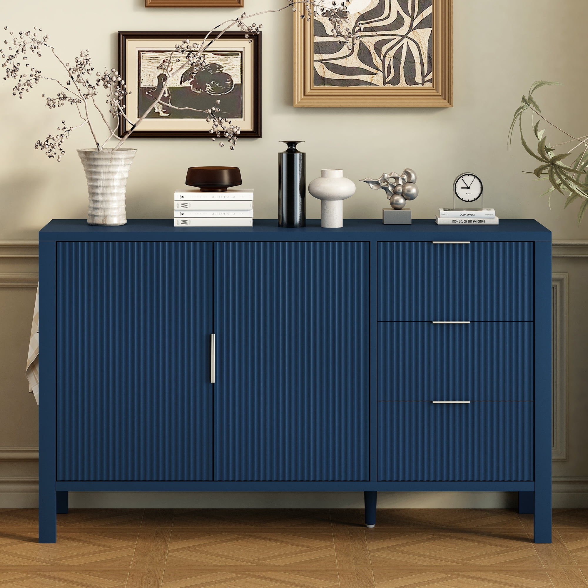 Wave-Pattern Sideboard with 3 Drawers, Hooks & Extra Center Leg for ...
