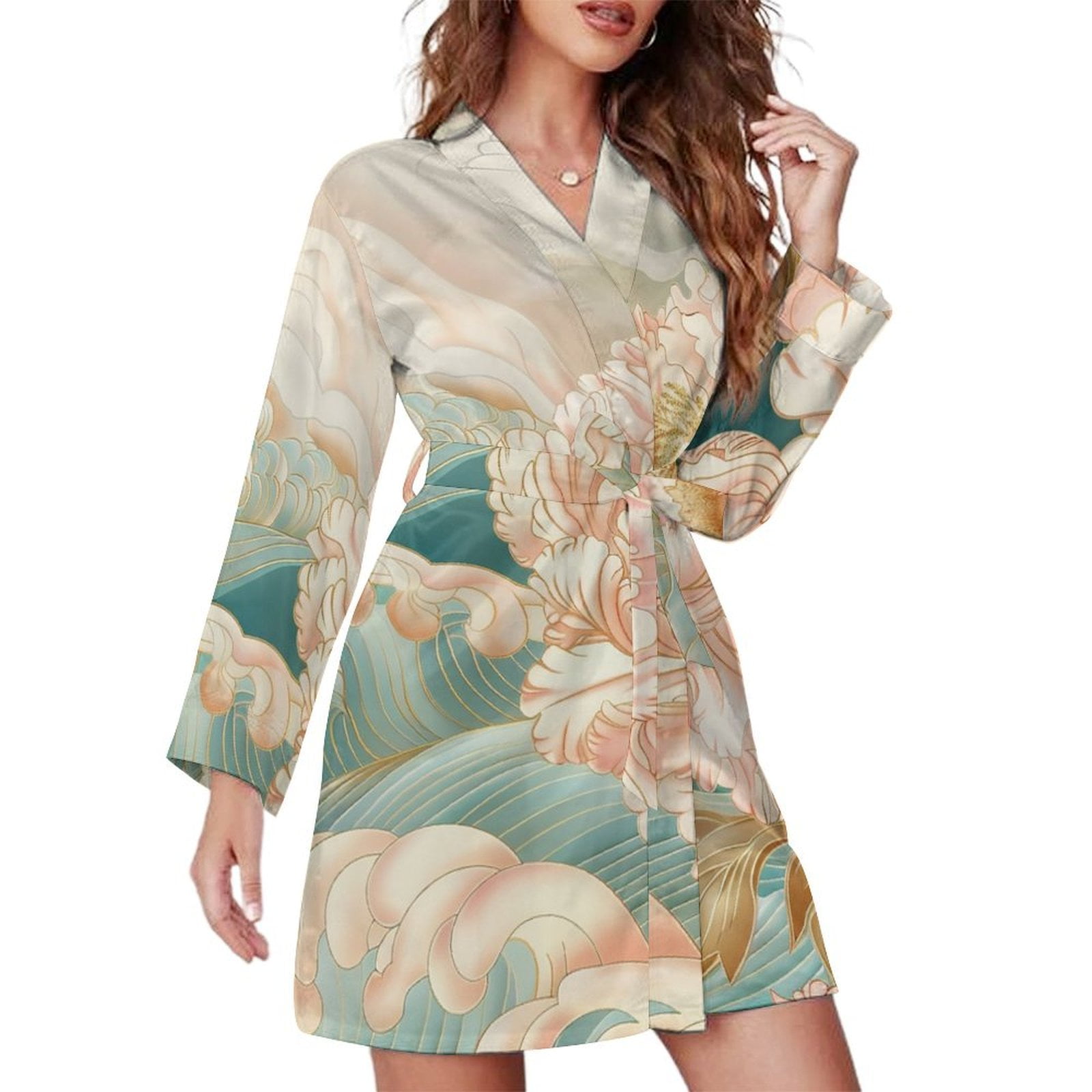Wave Peony Night Robe Long Sleeve V Neck Robe With Belt Women's ...