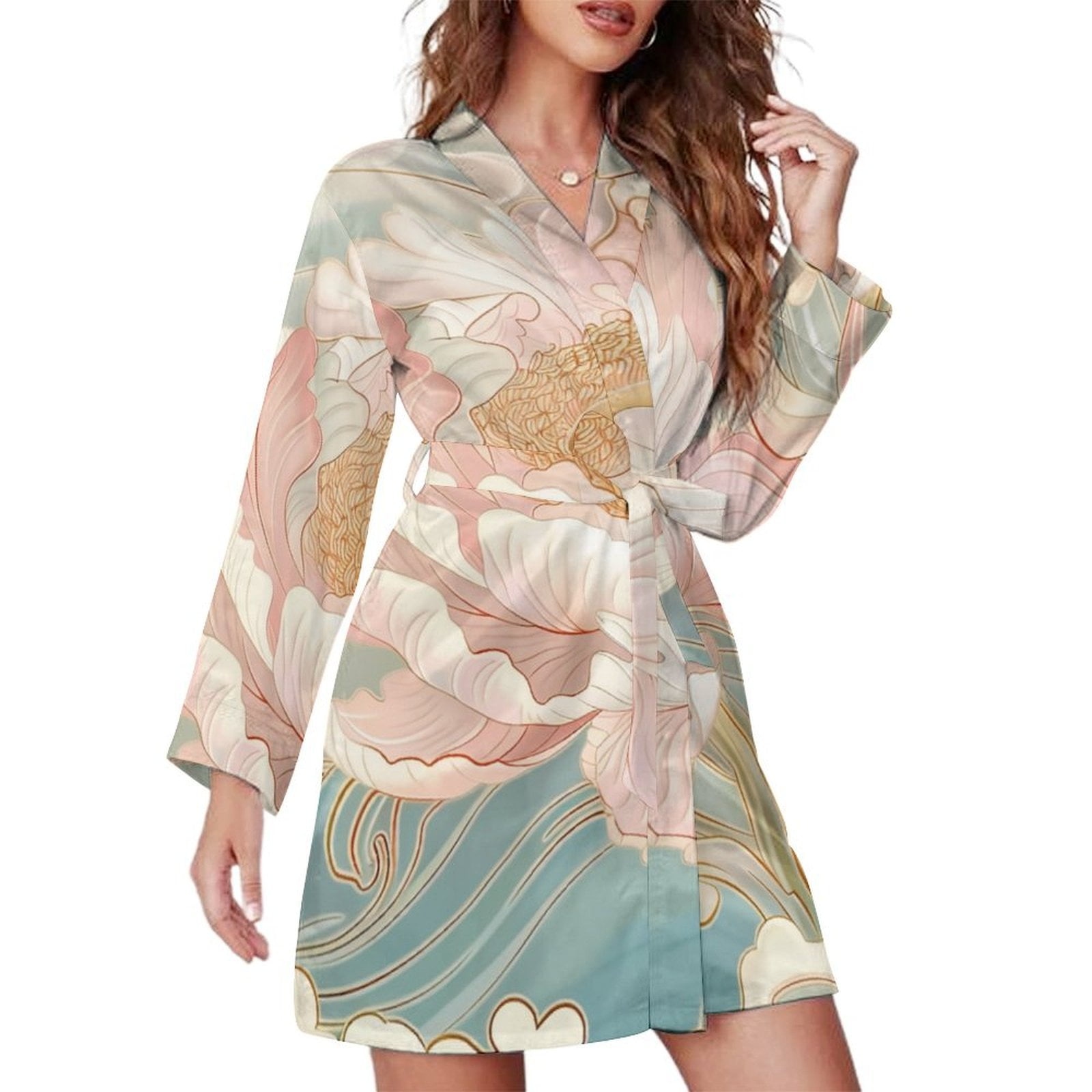 Wave Peony Night Robe Long Sleeve V Neck Robe With Belt Women's ...