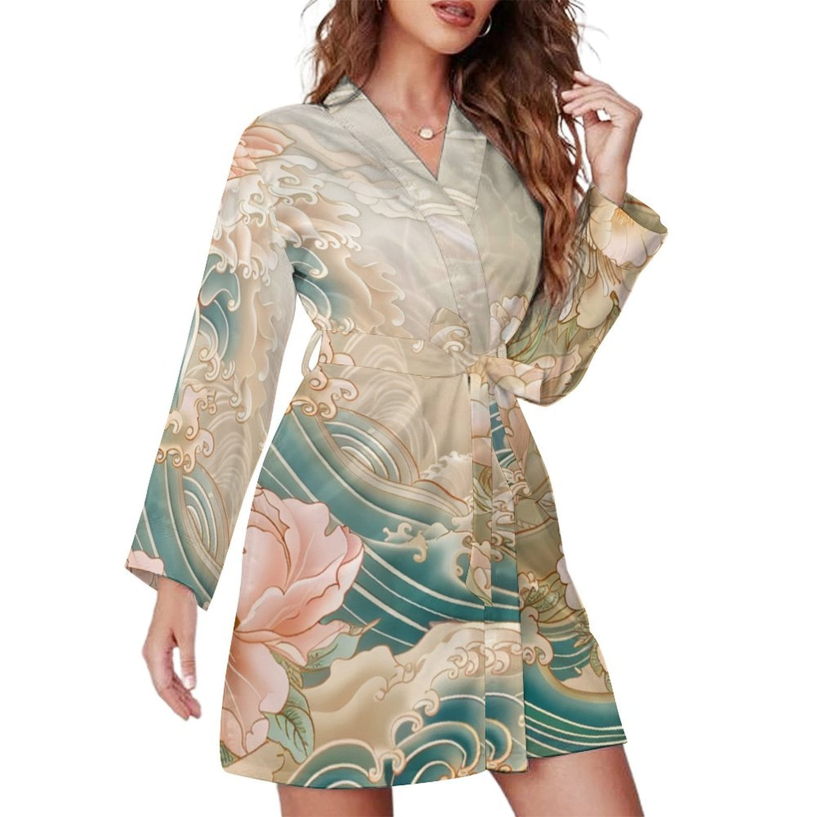 Wave Peony Night Robe Long Sleeve V Neck Robe With Belt Women's ...
