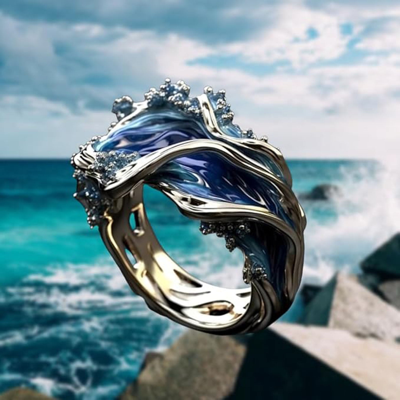 Wave Resin Ocean-Themed Women's Open Ring | Alloy & Resin Design | Symbolizes Strength ...