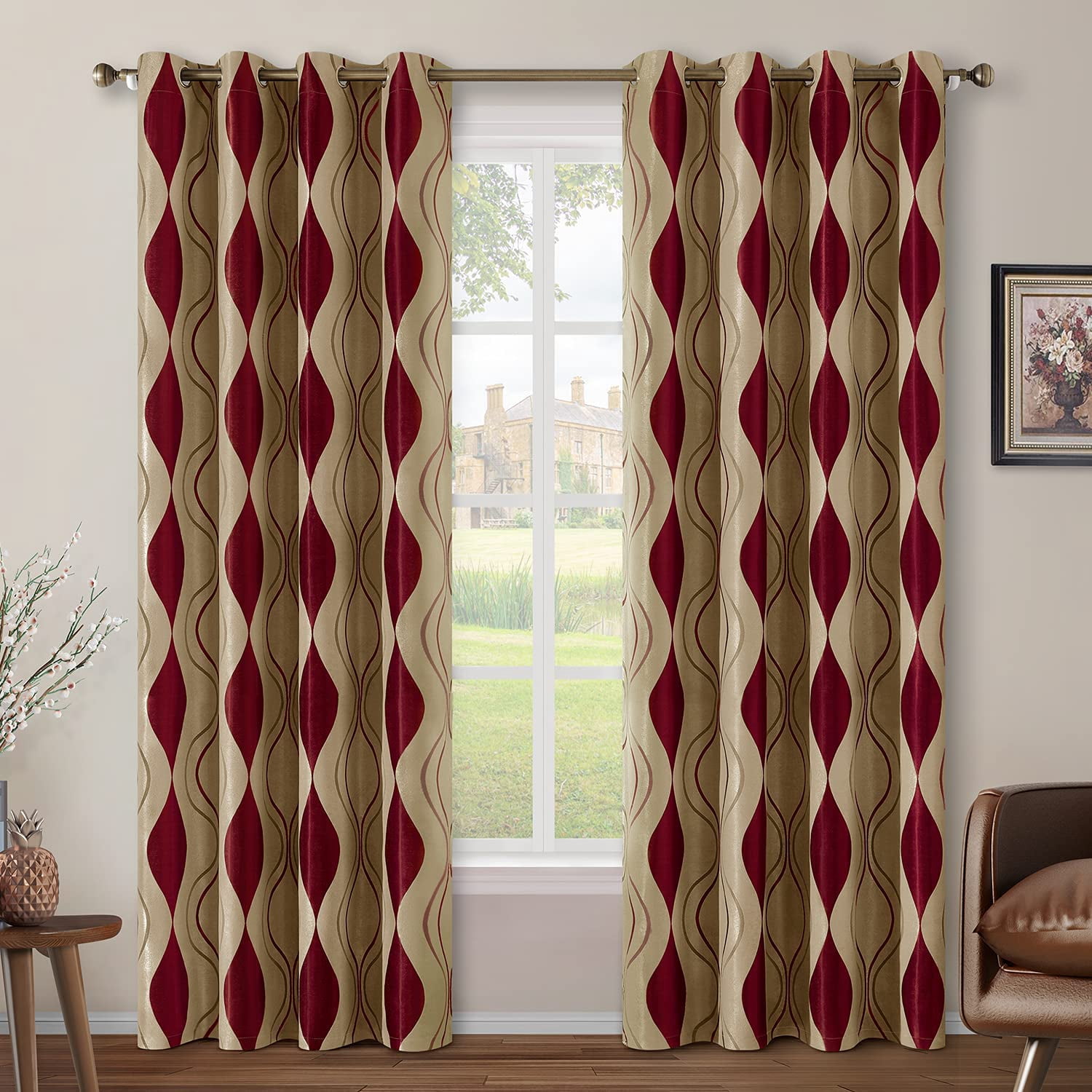 Wave Room Darkening Curtains Burgundy and Beige Panels Bedroom Jacquard ...