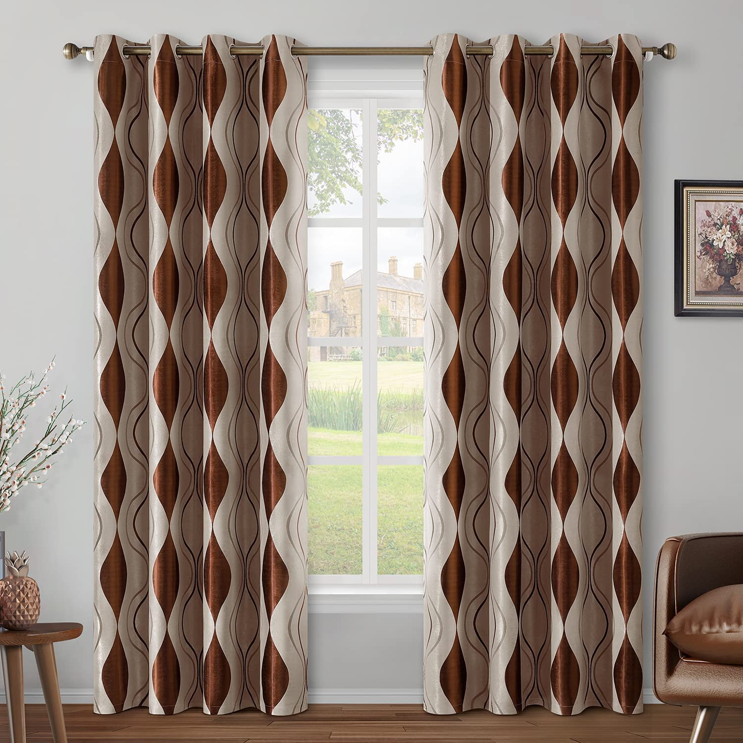 Wave Room Darkening Curtains Length Brown and Beige Panels Bedroom ...