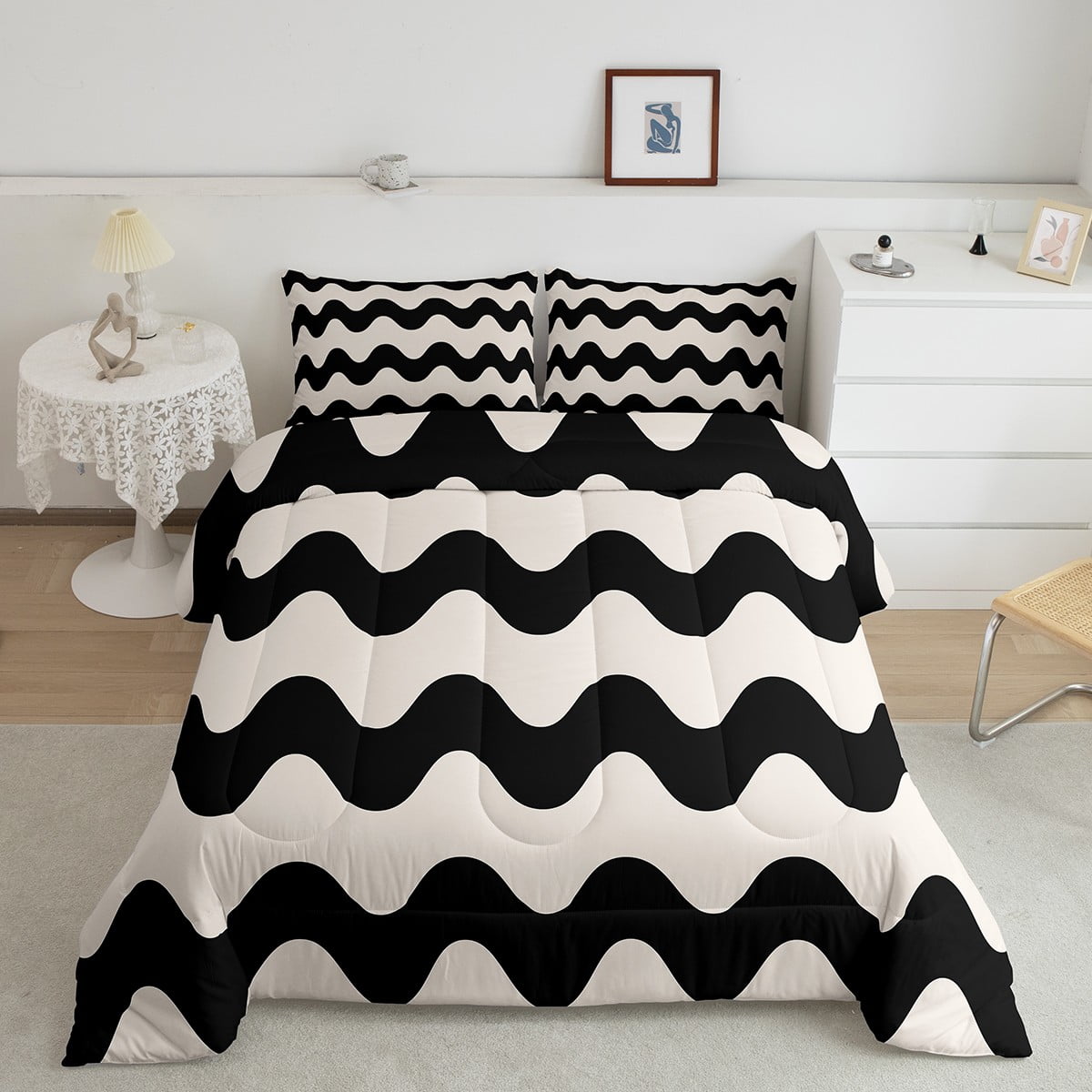 Wave Striped King Bedding Sets ,Cream White Black Geometric Pattern ...